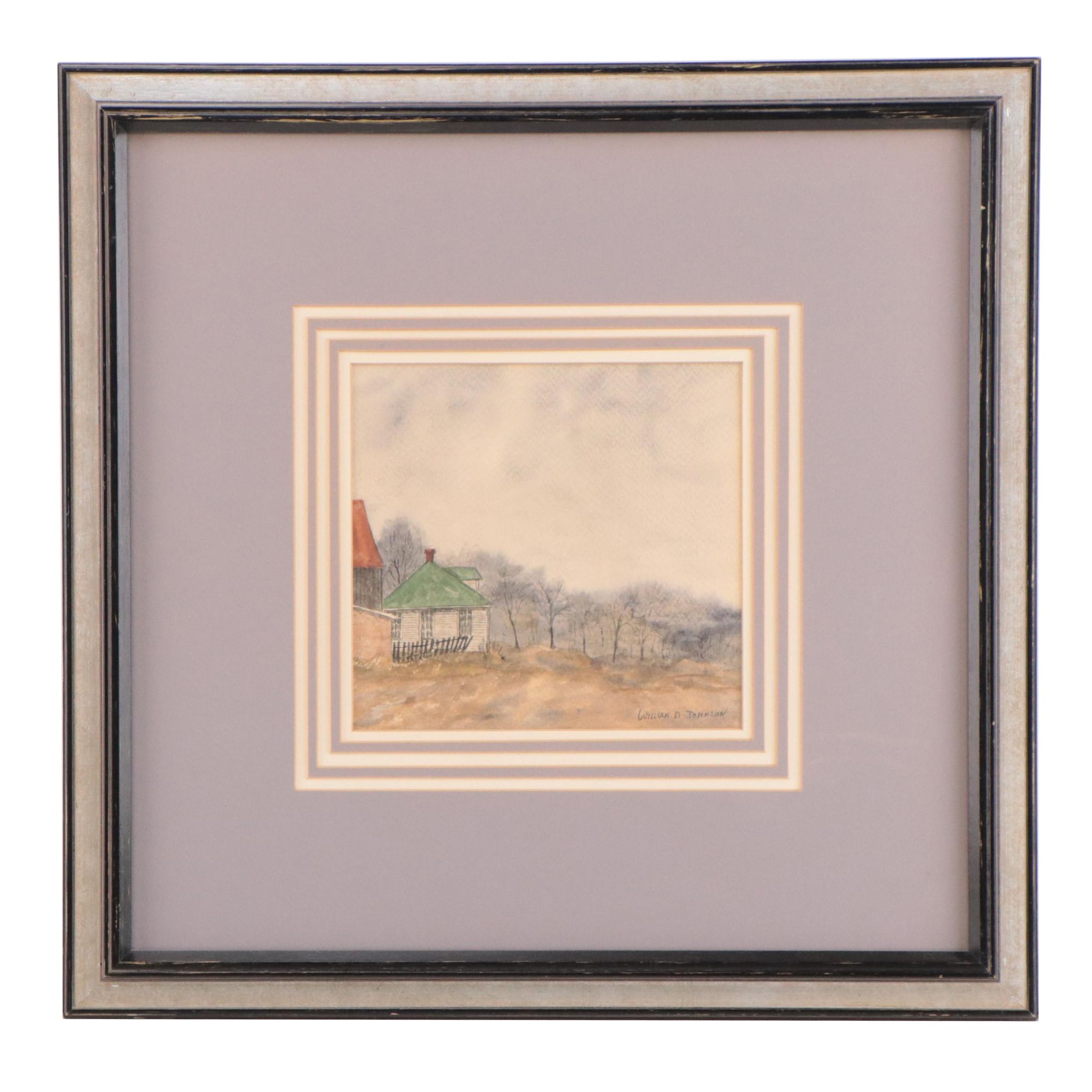 William D. Johnson Winter Farm Landscape Watercolor Painting | EBTH