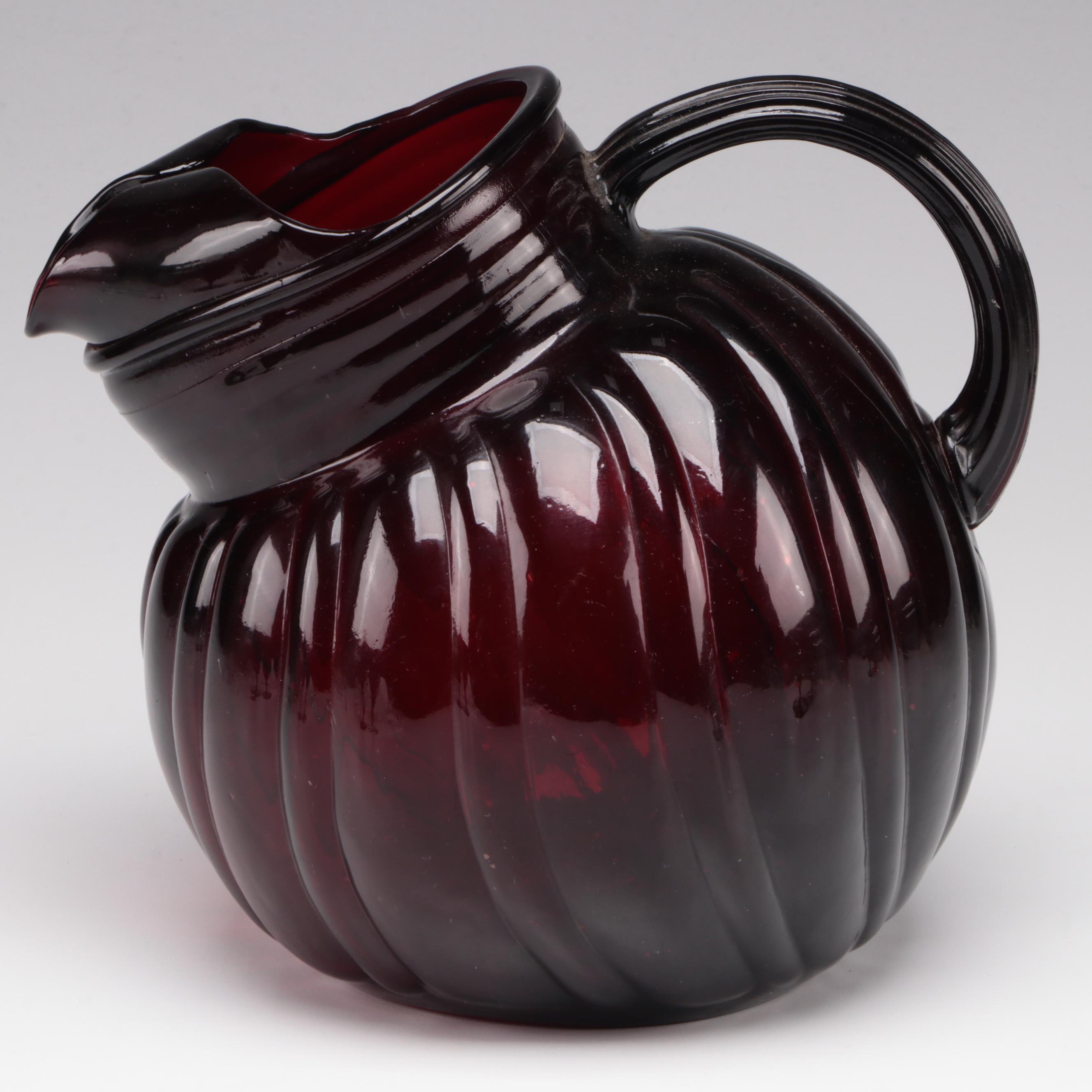 Anchor Hocking "Swirl Royal" Ruby Glass Ball Jug with Glass Water ...