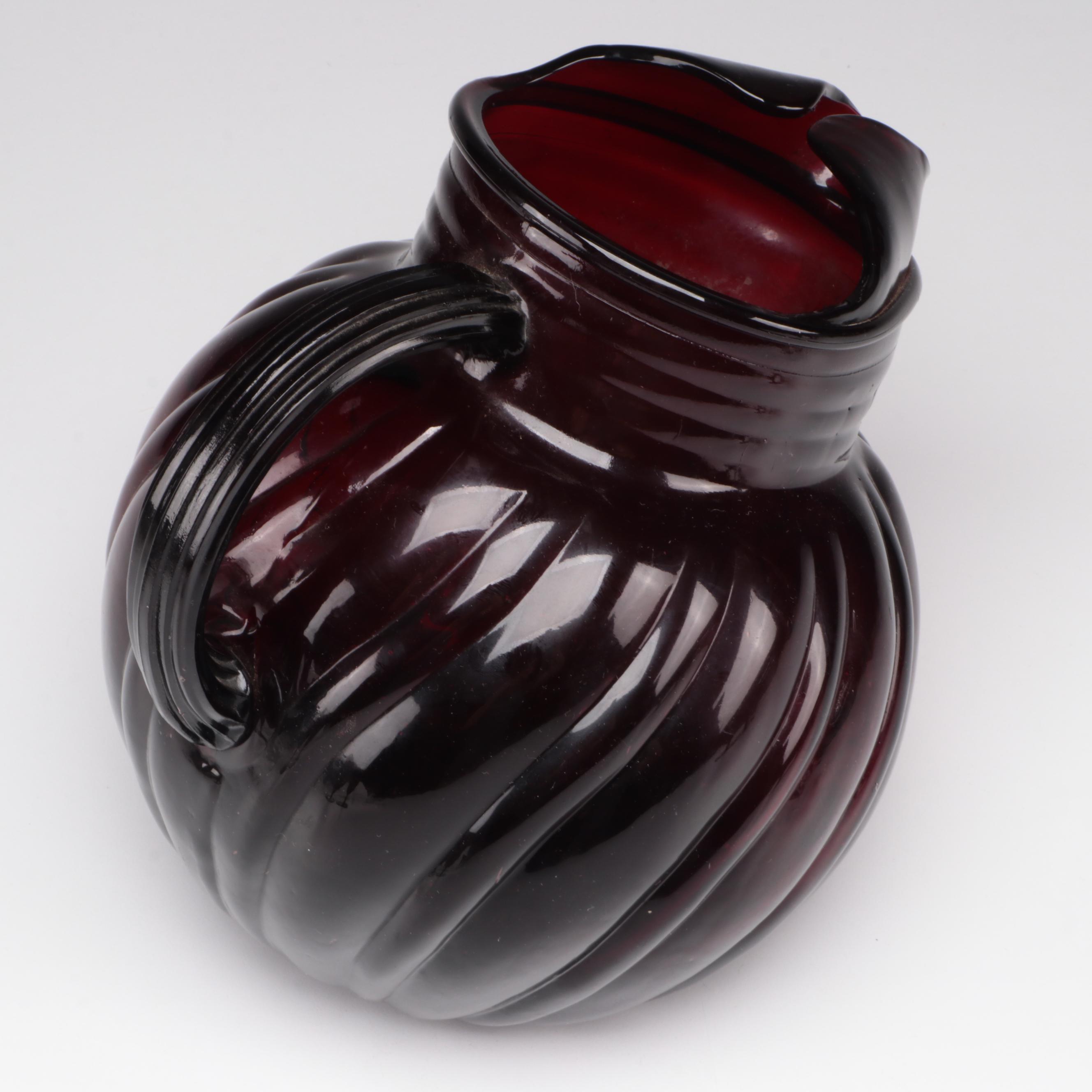 Anchor Hocking "Swirl Royal" Ruby Glass Ball Jug with Glass Water ...