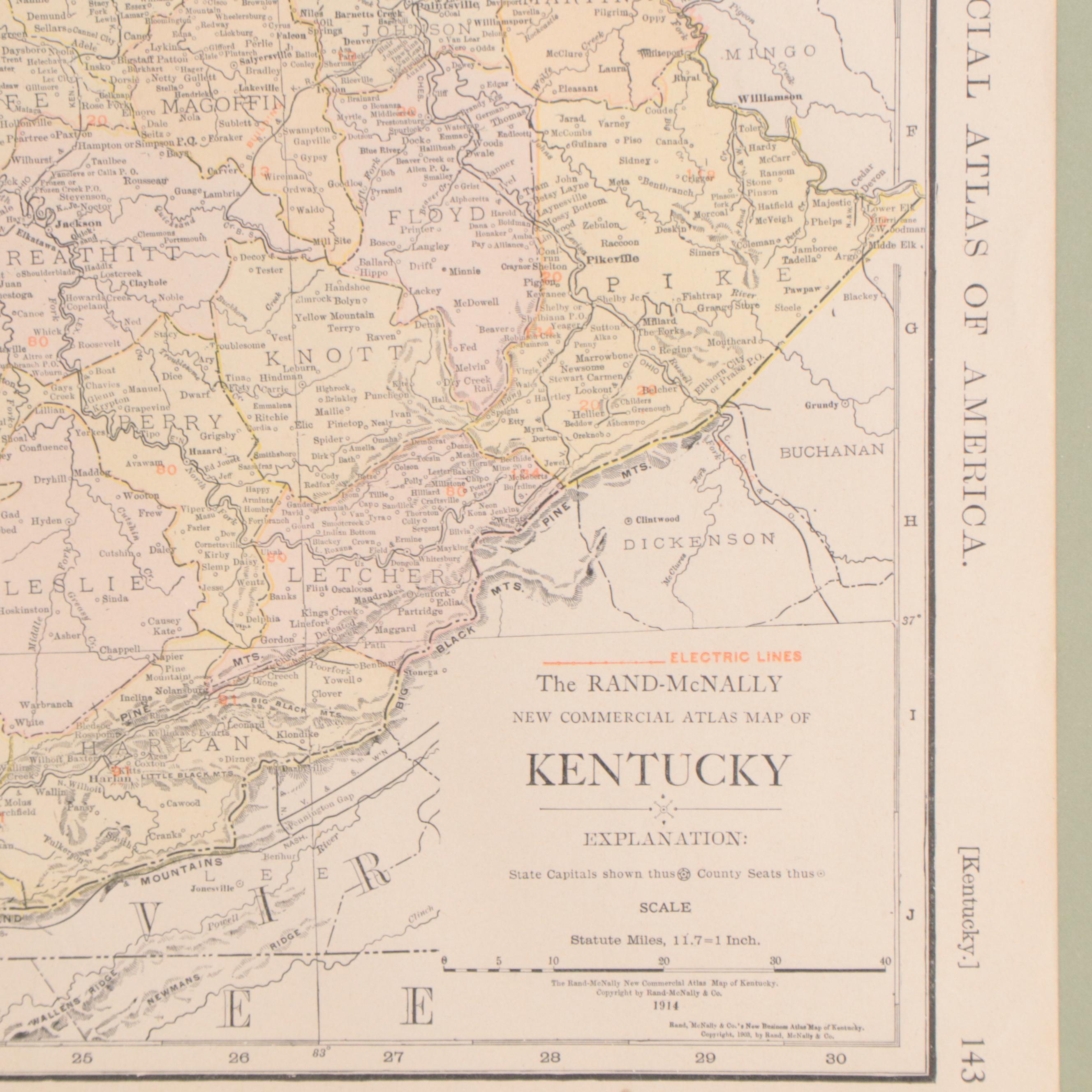 Rand, McNally & Co. "New Commercial Atlas Map of Kentucky," Circa 1914 ...