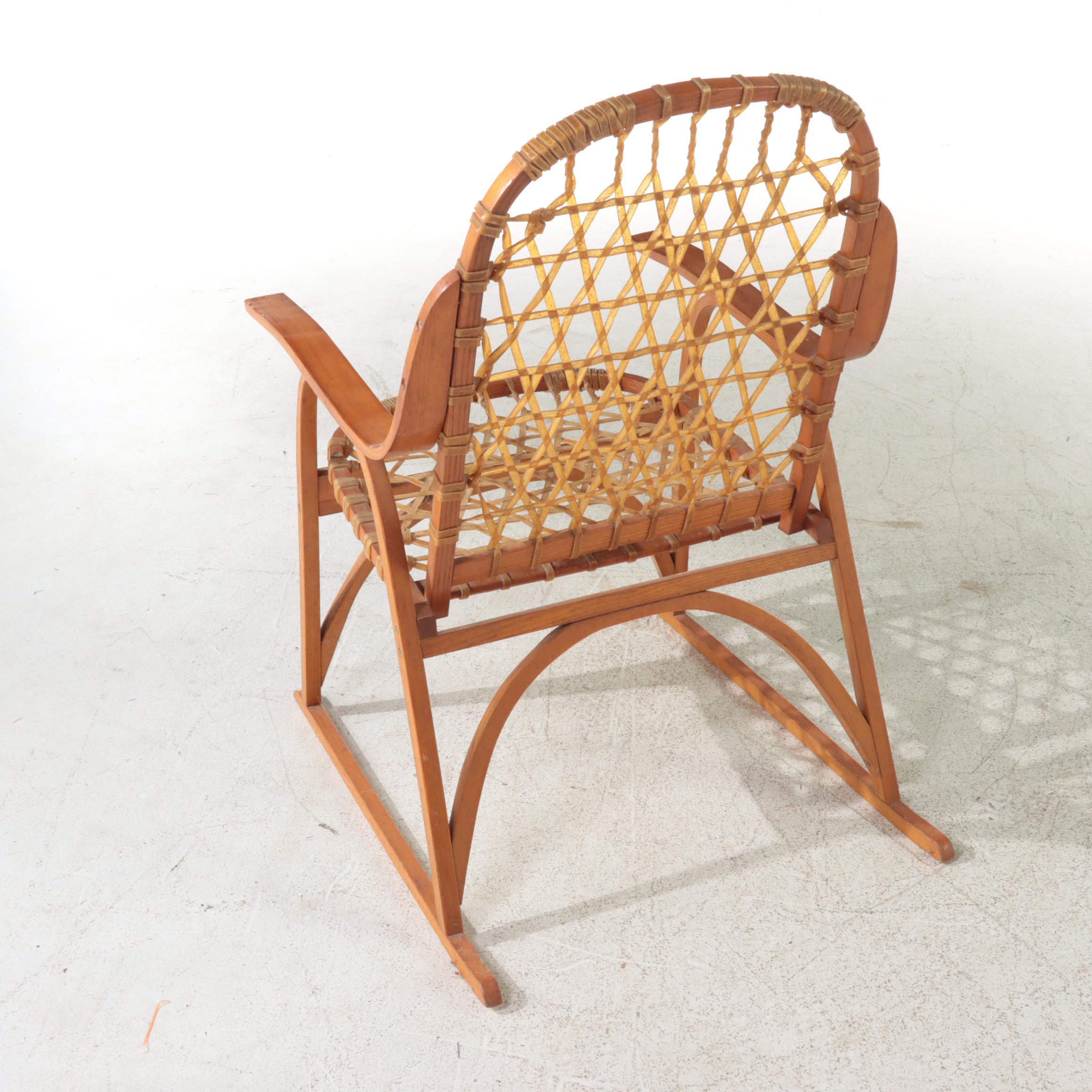 SnoCraft Oak & Rawhide "Snowshoe" Armchair and Rocker, Mid to Late 20th ...