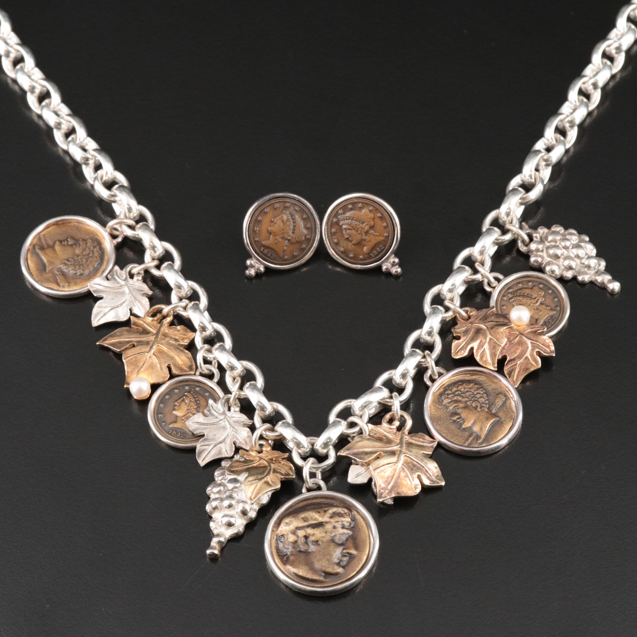 Sterling Pearl, Grape Cluster, Coin Necklace and Coin Earrings | EBTH