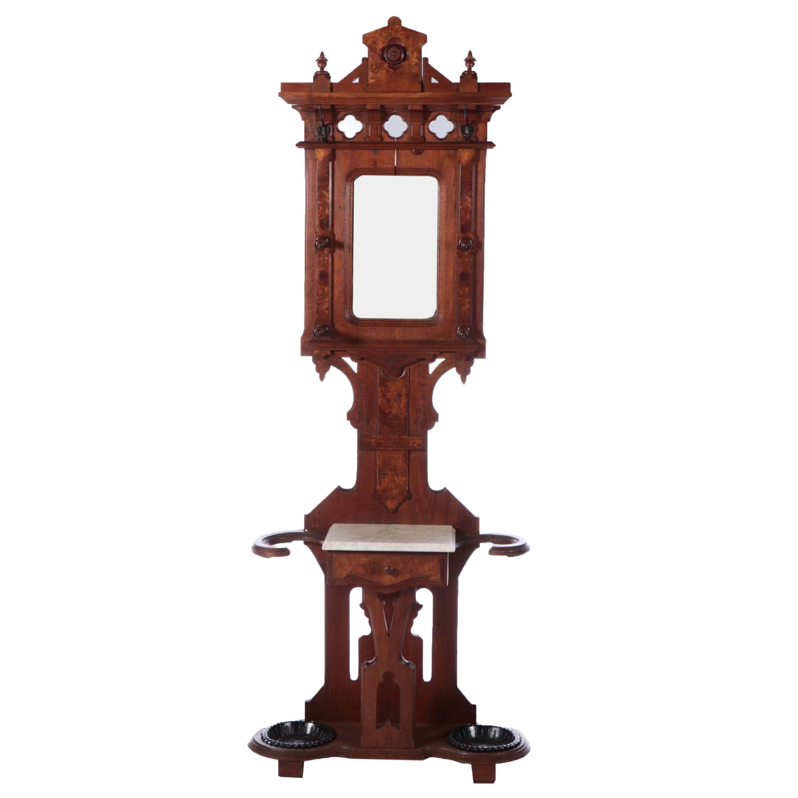 American Gothic Revival Walnut, Burl Walnut, and White Marble Hall ...