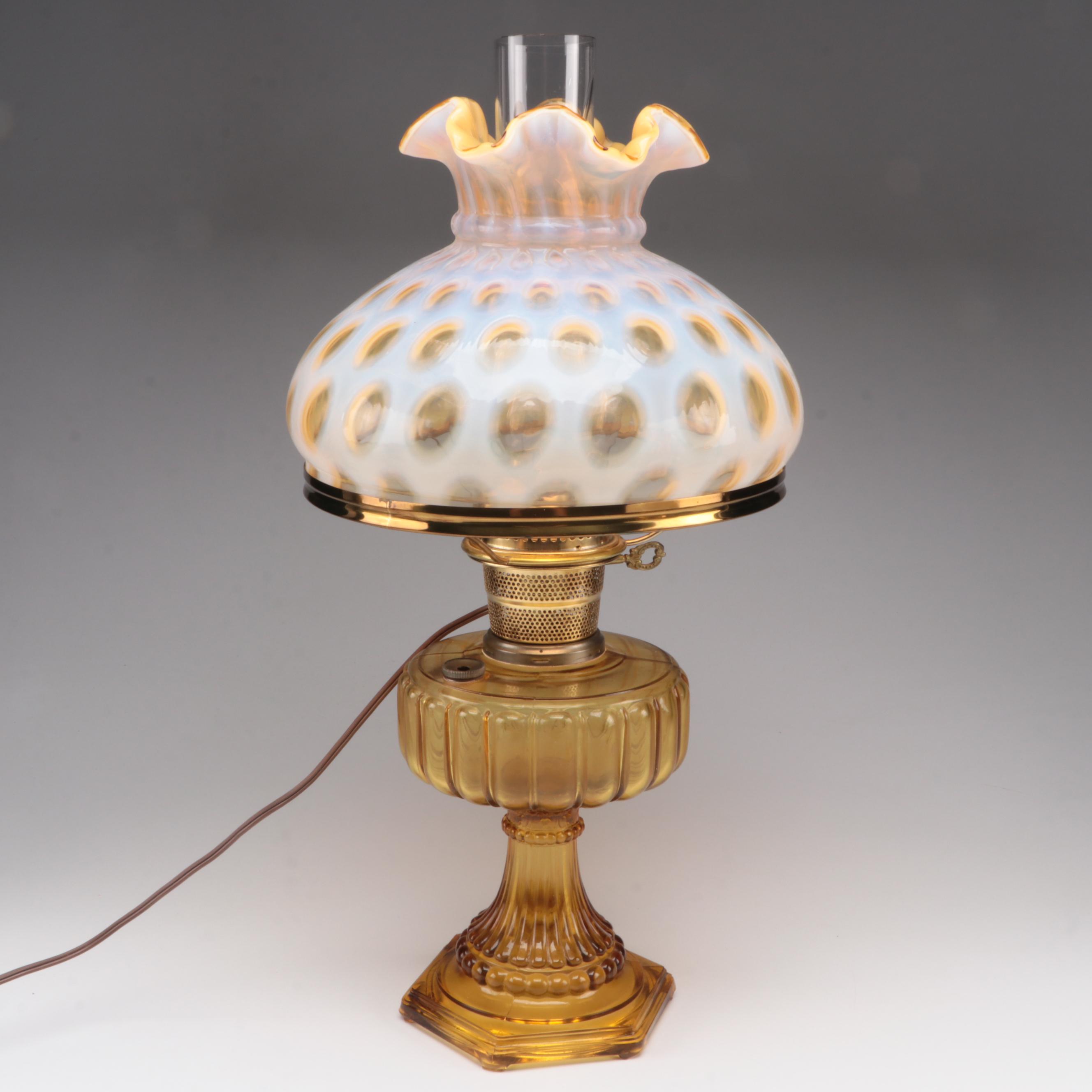 Pressed Glass Lamp with Fenton Honeysuckle Coin Dot Shade and Rayo ...