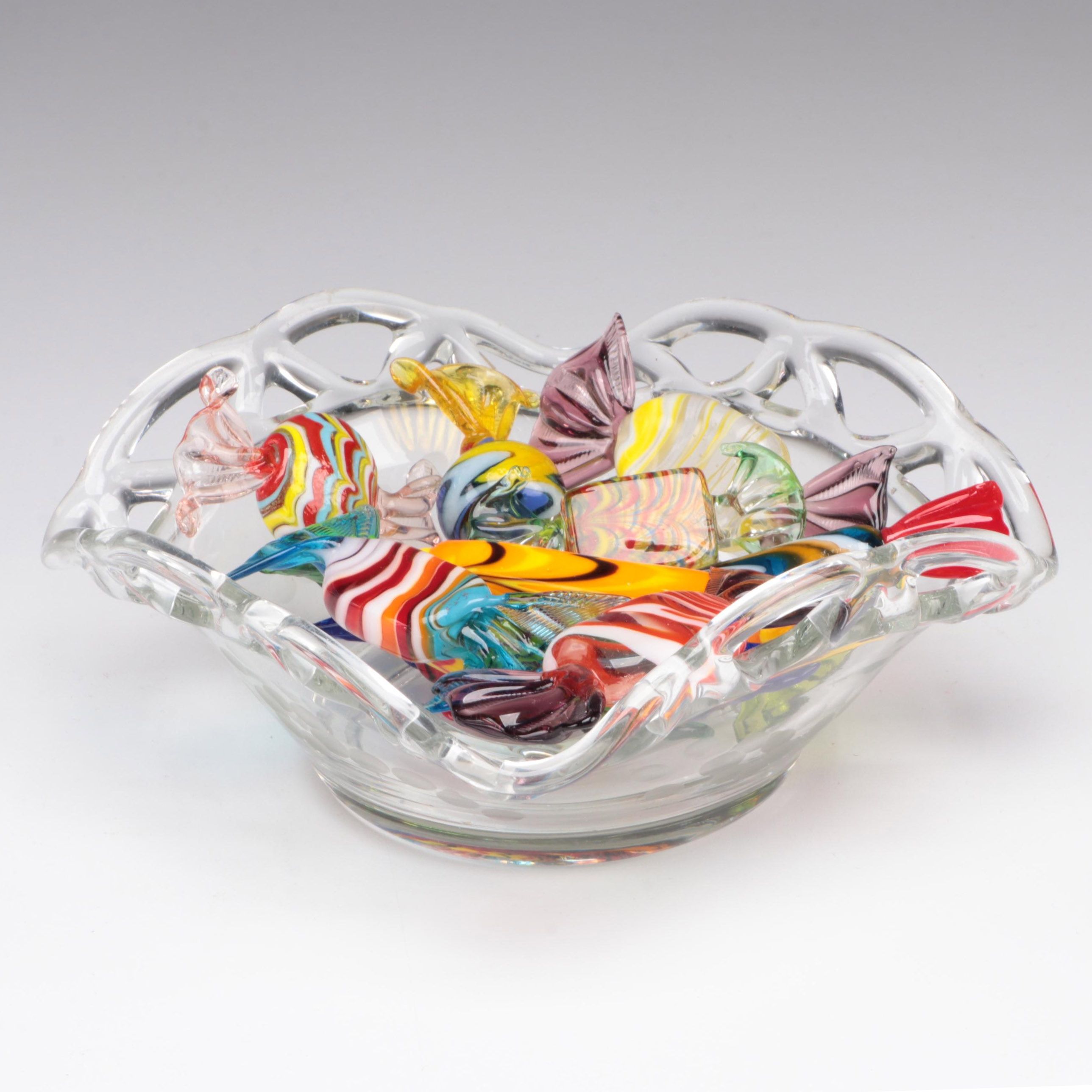 Reticulated Clear Glass Candy Bowl With Art Glass Candies | EBTH