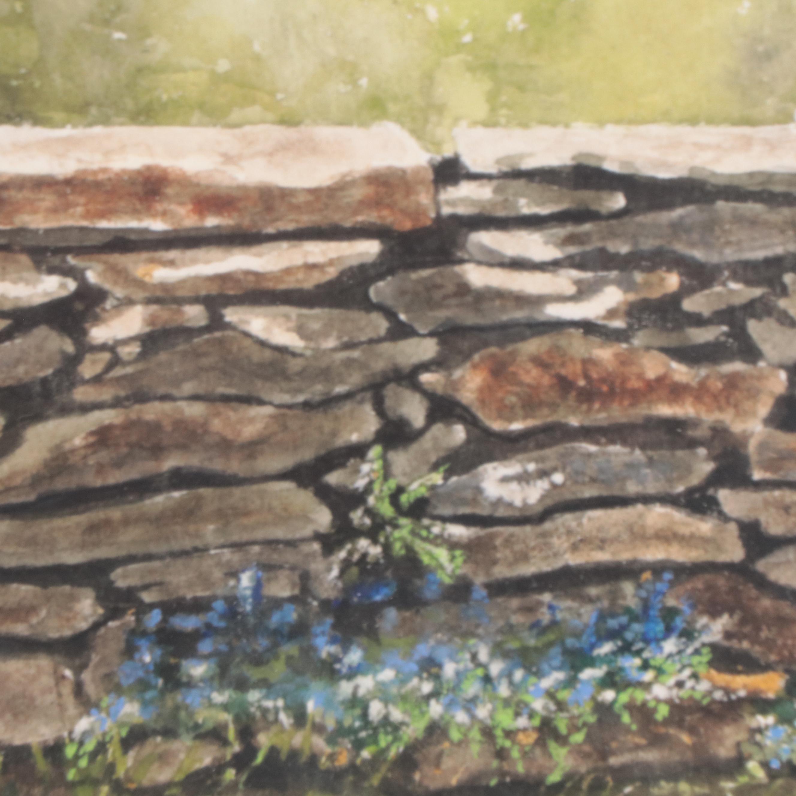 Watercolor Painting of Stone Wall and Flowers | EBTH