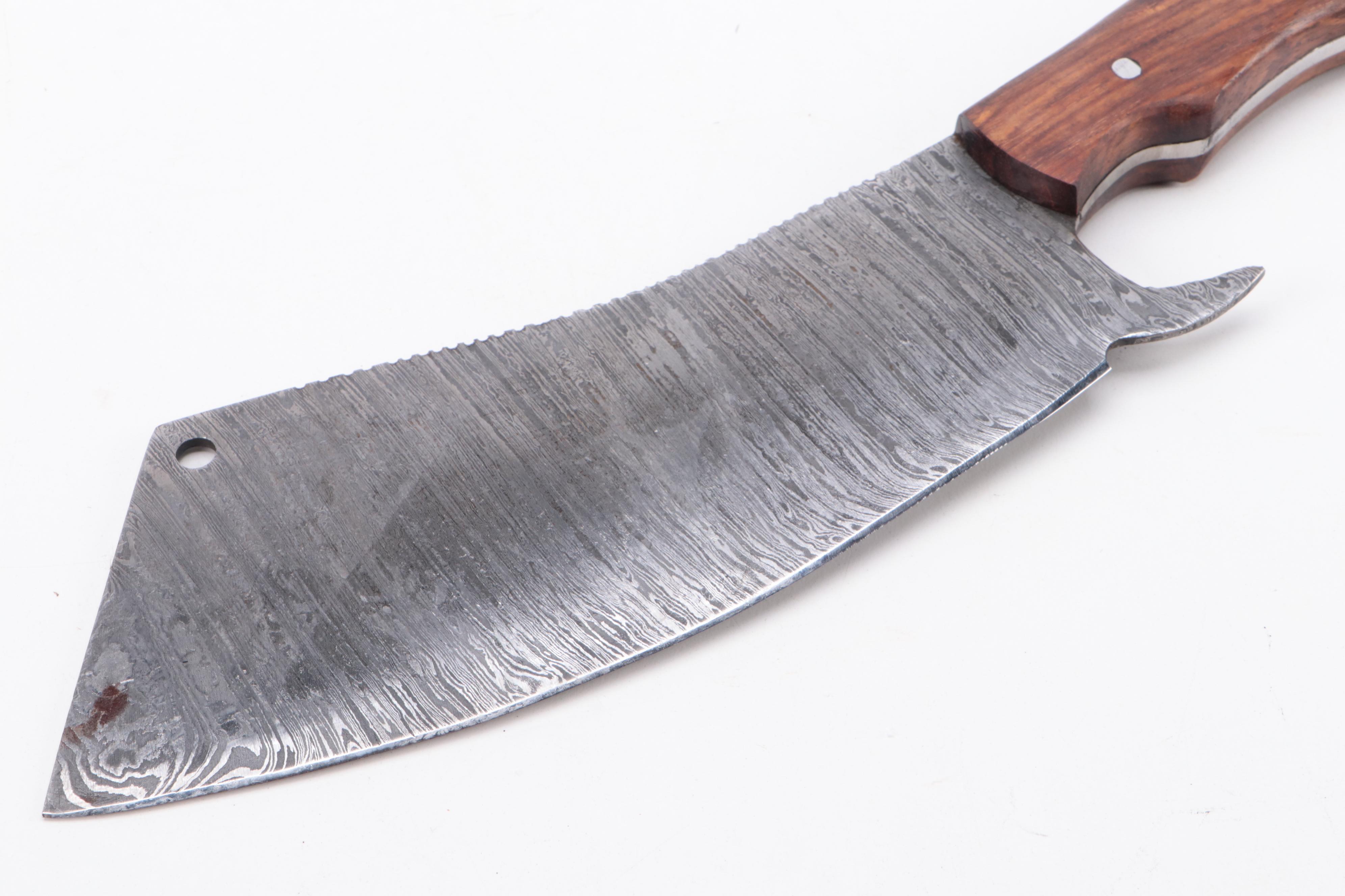 Damascus Steel Cleaver and Fixed Blade Knives with Leather Scabbards | EBTH
