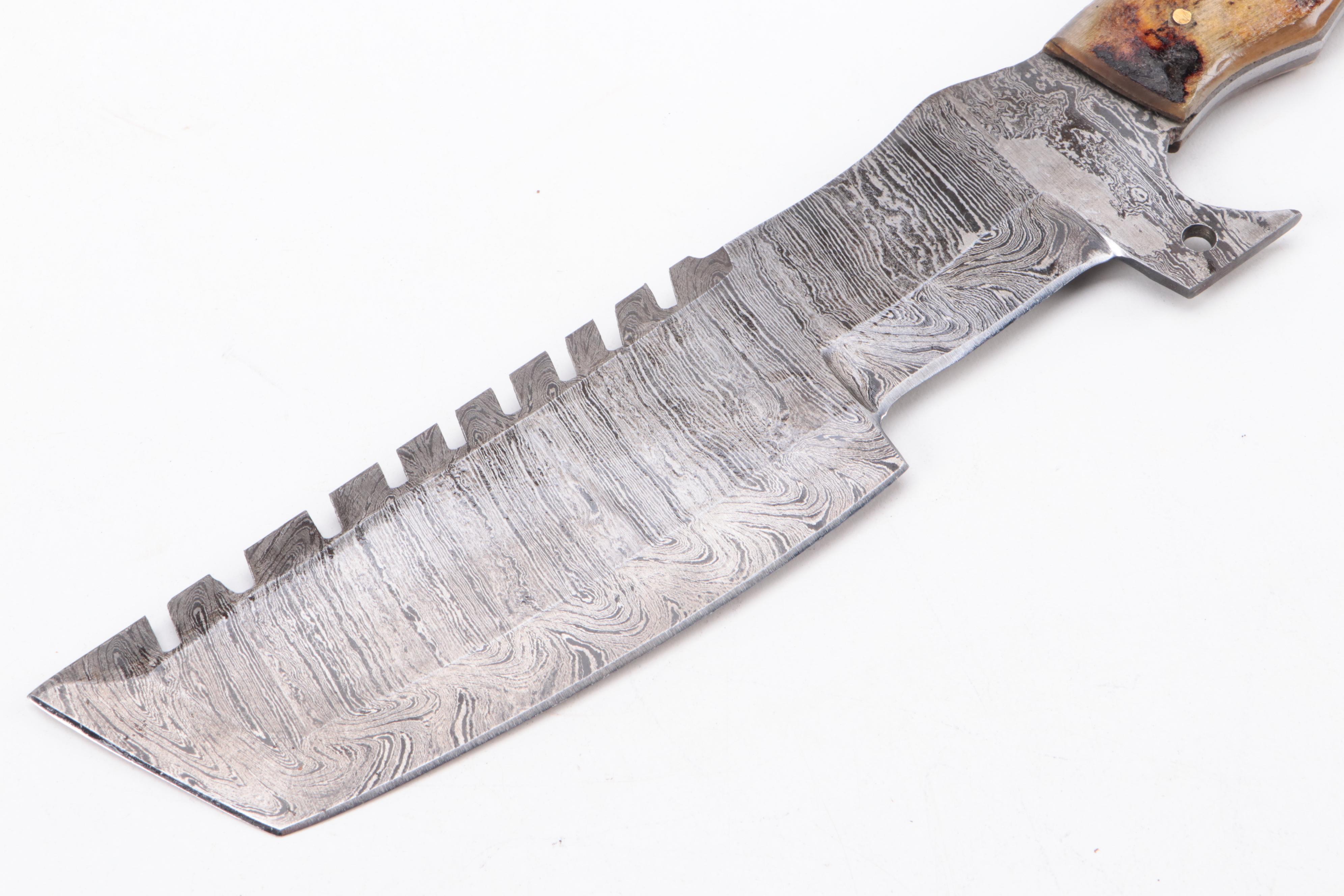 Damascus Steel Cleaver and Fixed Blade Knives with Leather Scabbards | EBTH