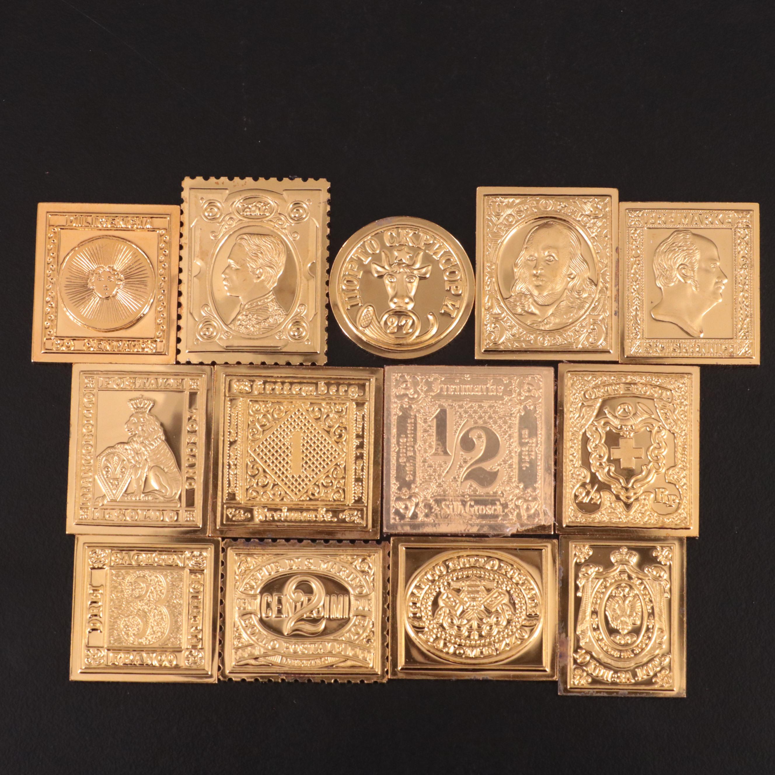 Thirteen Gold-Plated Sterling Silver Postage Stamp Reproductions | EBTH