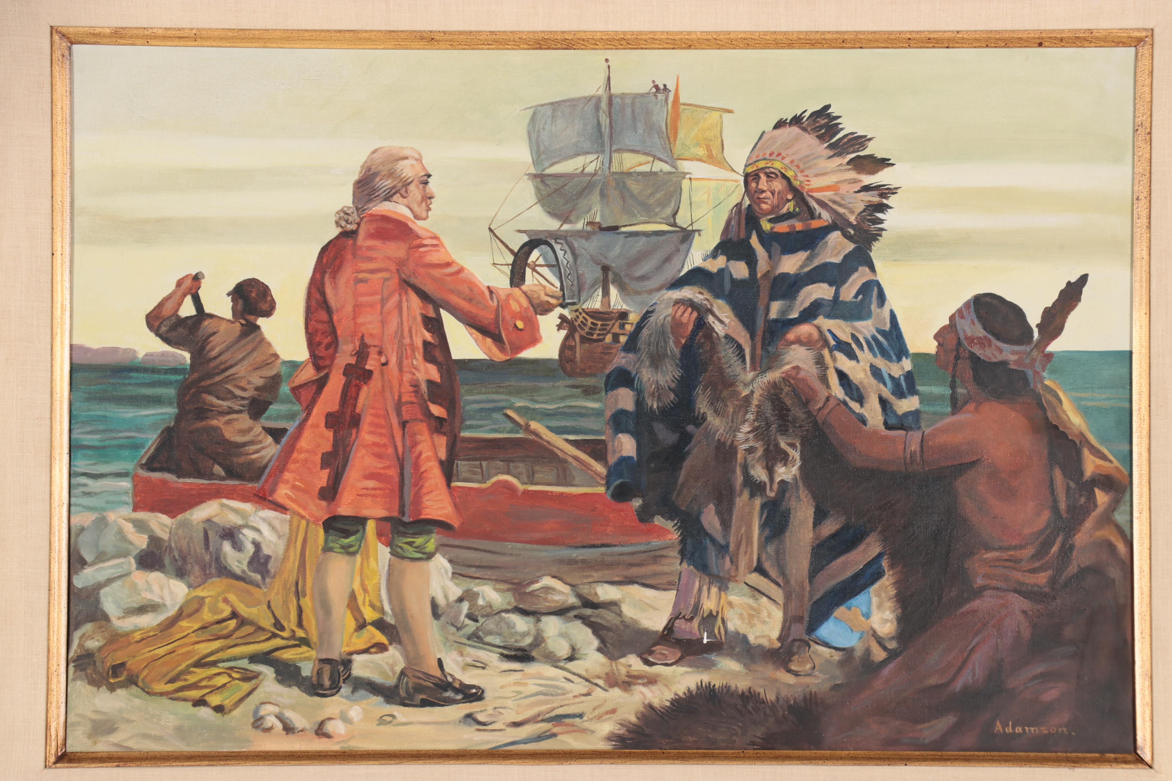 Adamson Oil Painting of Colonists and Native Americans, Circa 1970 | EBTH