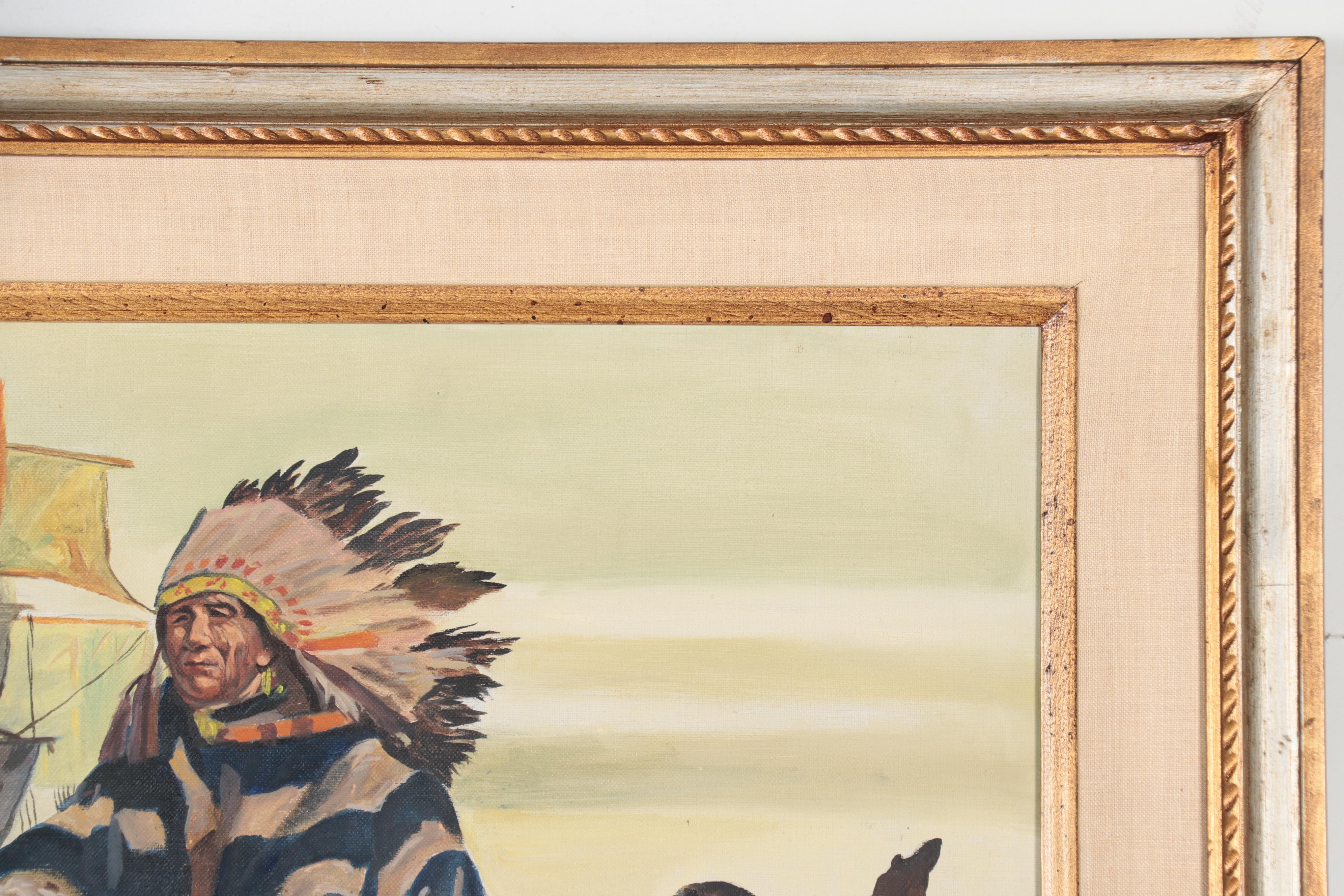 Adamson Oil Painting of Colonists and Native Americans, Circa 1970 | EBTH