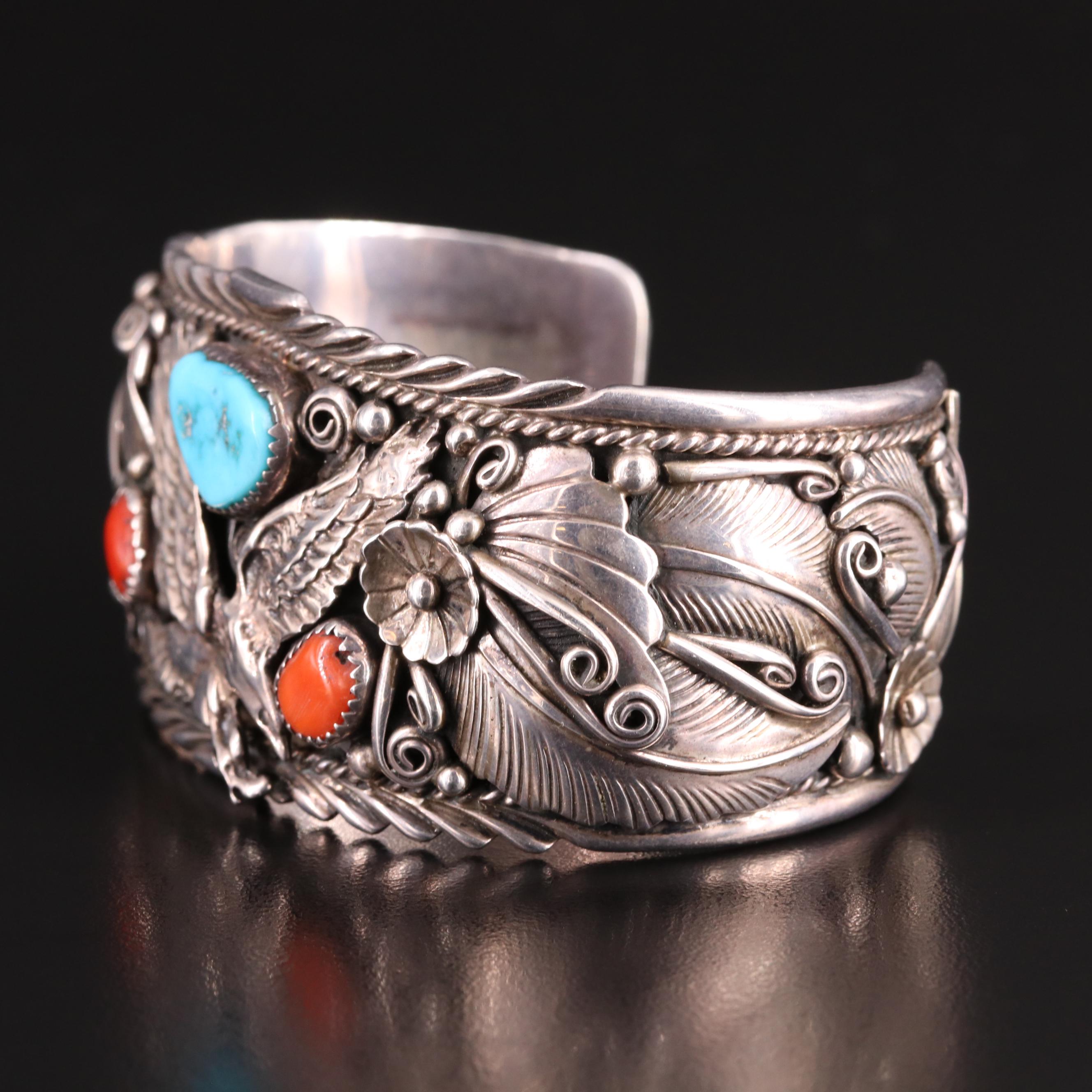 Allen Chee Navajo Diné Sterling Turquoise and Coral Cuff Bracelet | EBTH