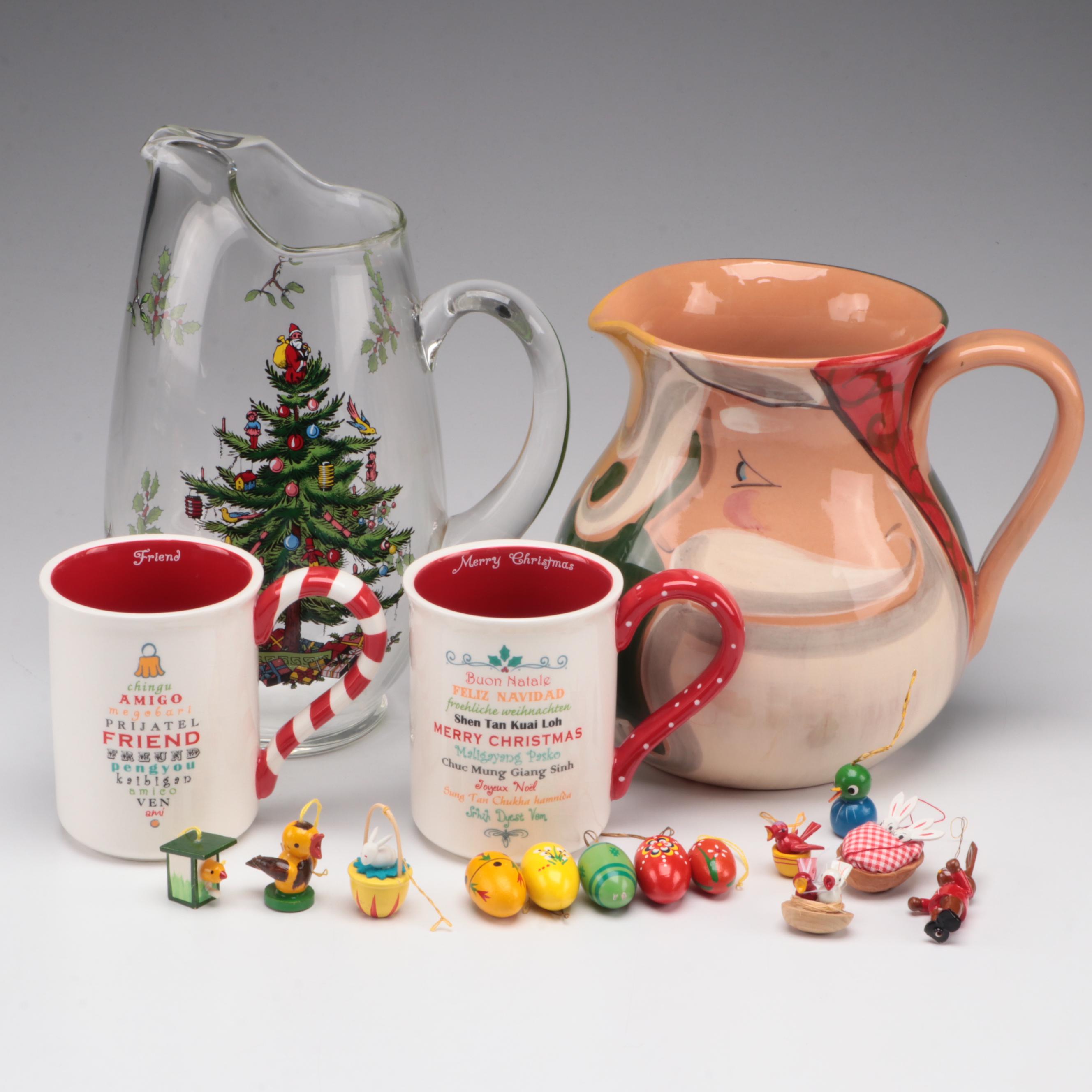 Spode "Christmas Tree" Glass Pitcher with Christmas Pitcher, Mugs and ...