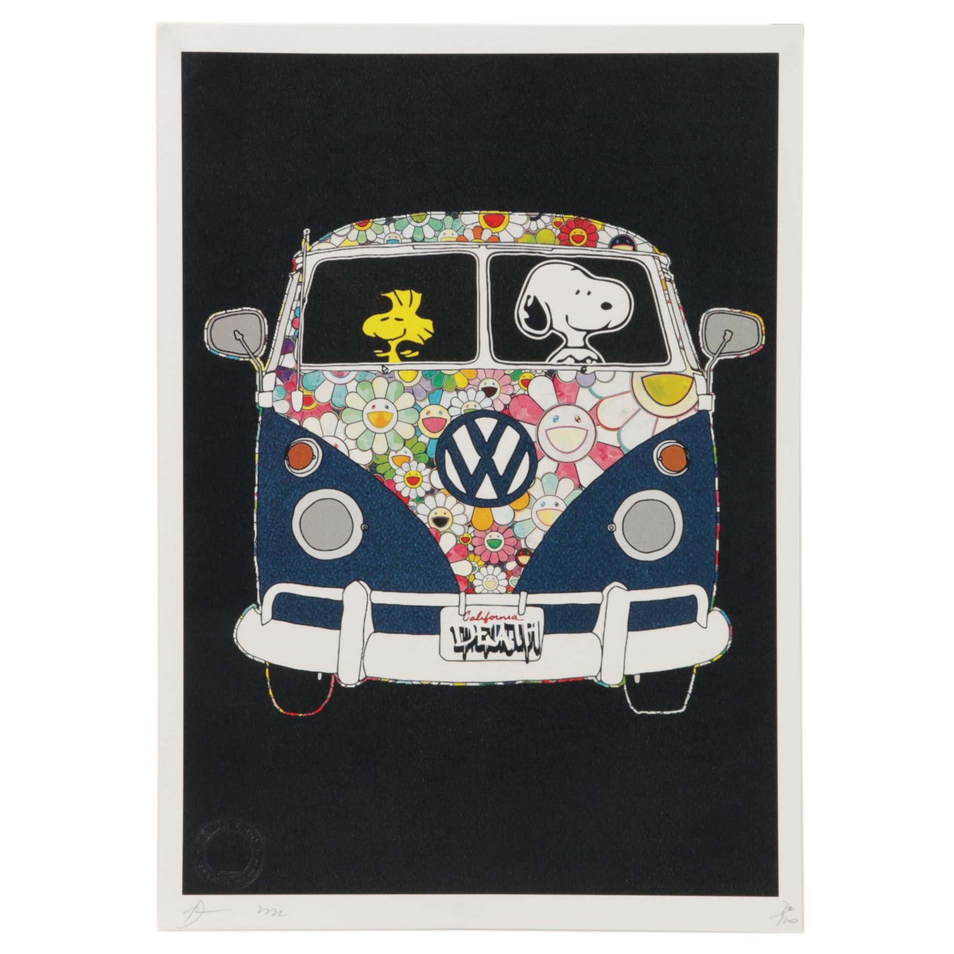 Death NYC Pop Art Graphic Print of Snoopy and Woodstock in VW Bus | EBTH