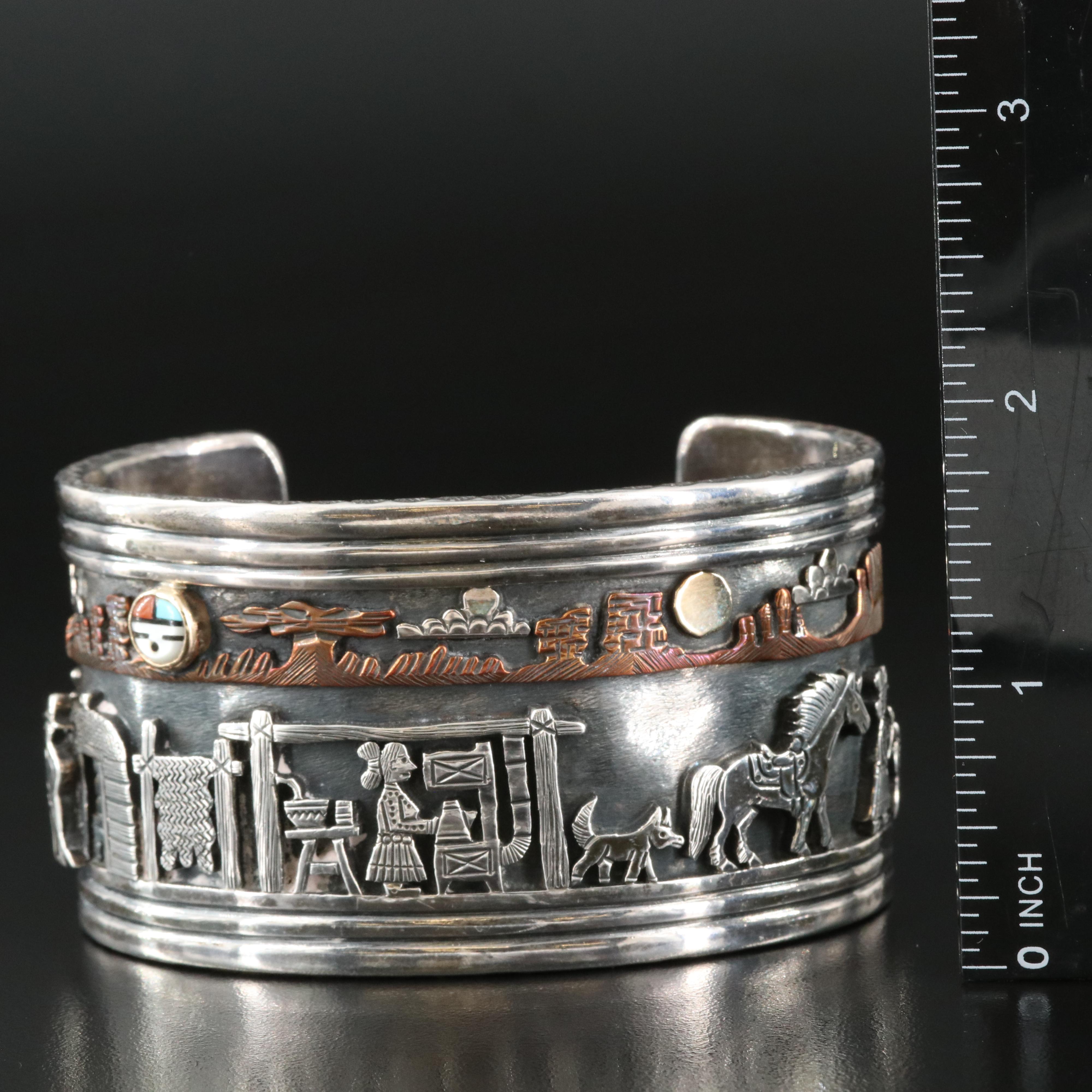 Clarence Lee Navajo Diné Sterling Storyteller Cuff with 14K and Inlay ...