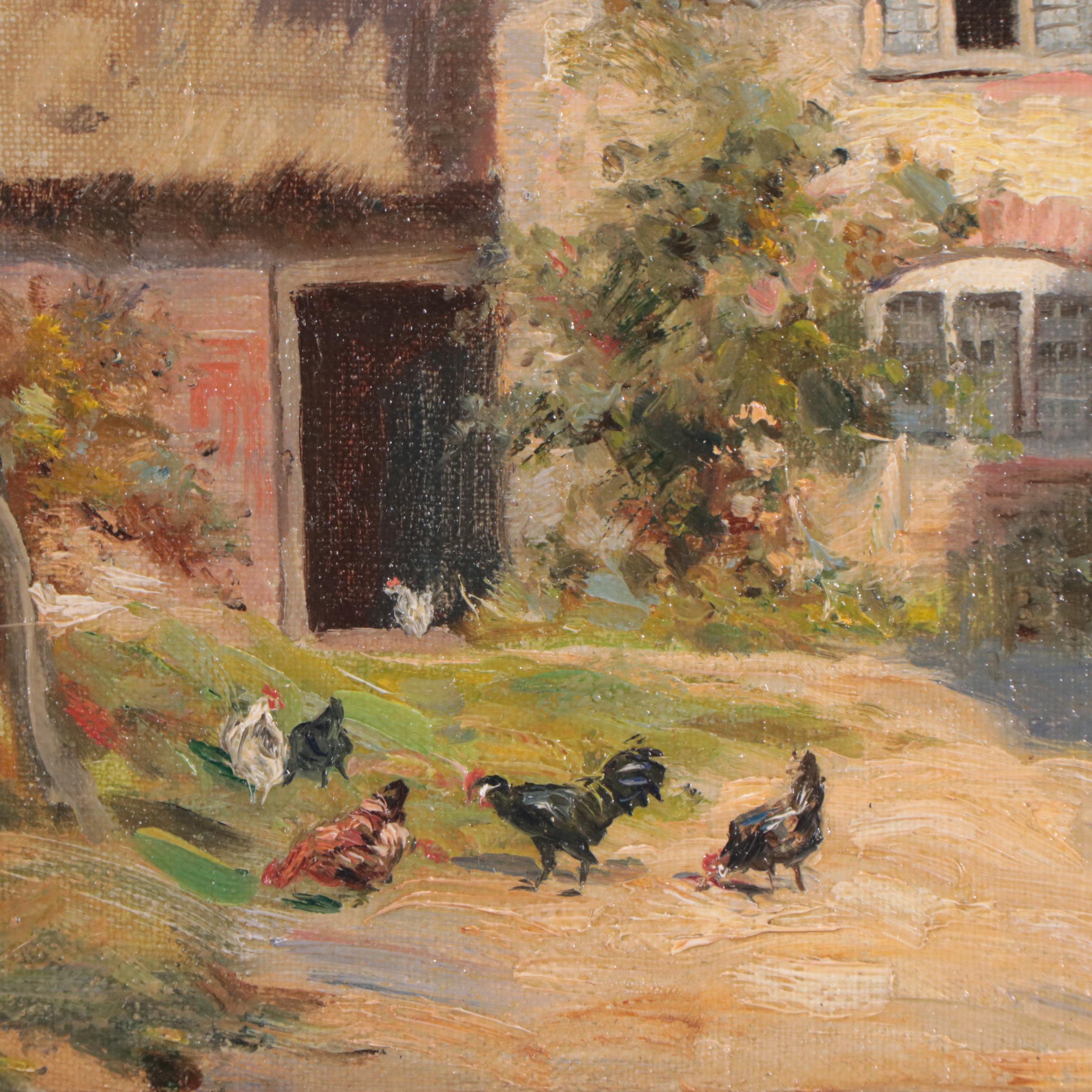 Frank Moss Bennett Oil Painting of Thatched Roof Farmhouse in Landscape ...