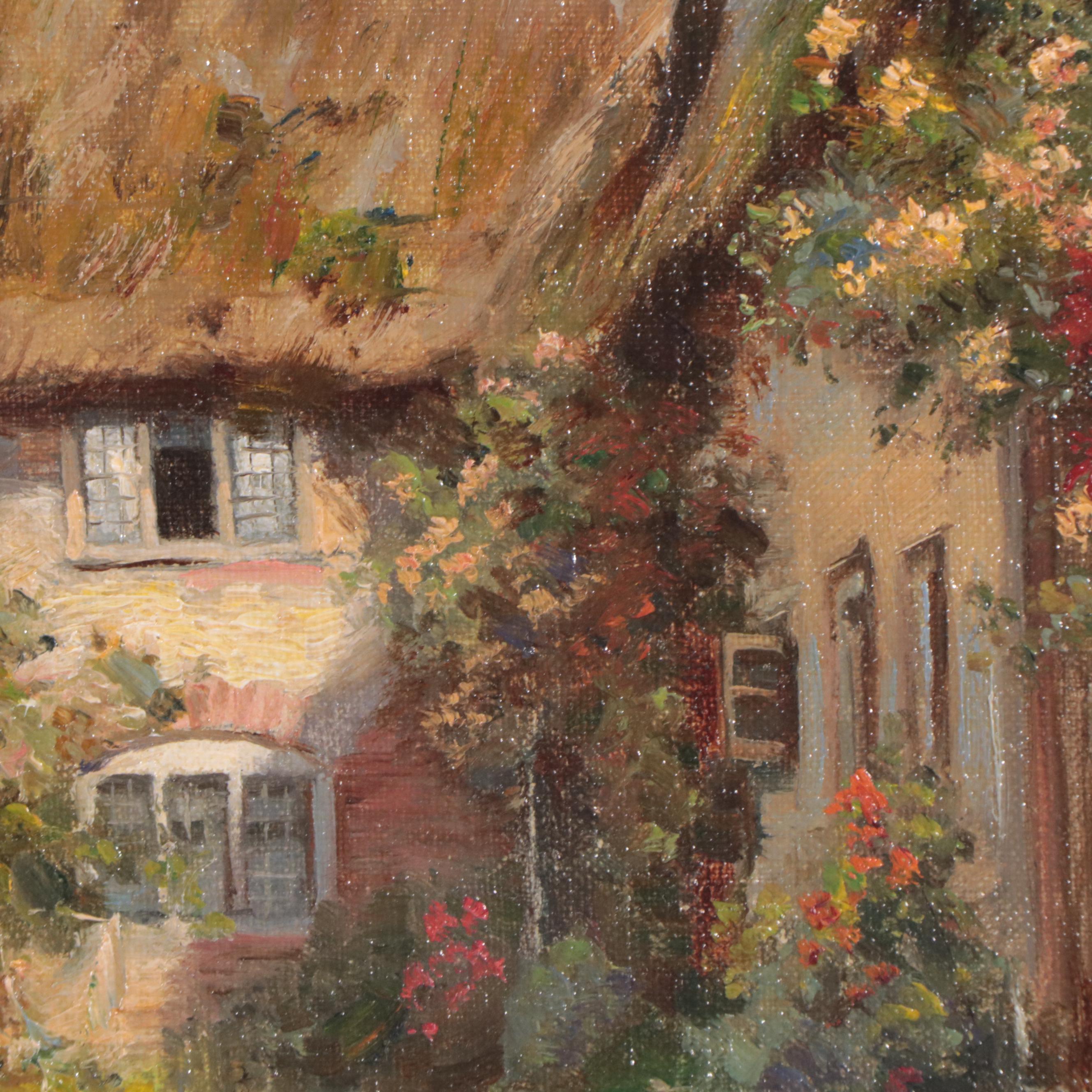 Frank Moss Bennett Oil Painting of Thatched Roof Farmhouse in Landscape ...