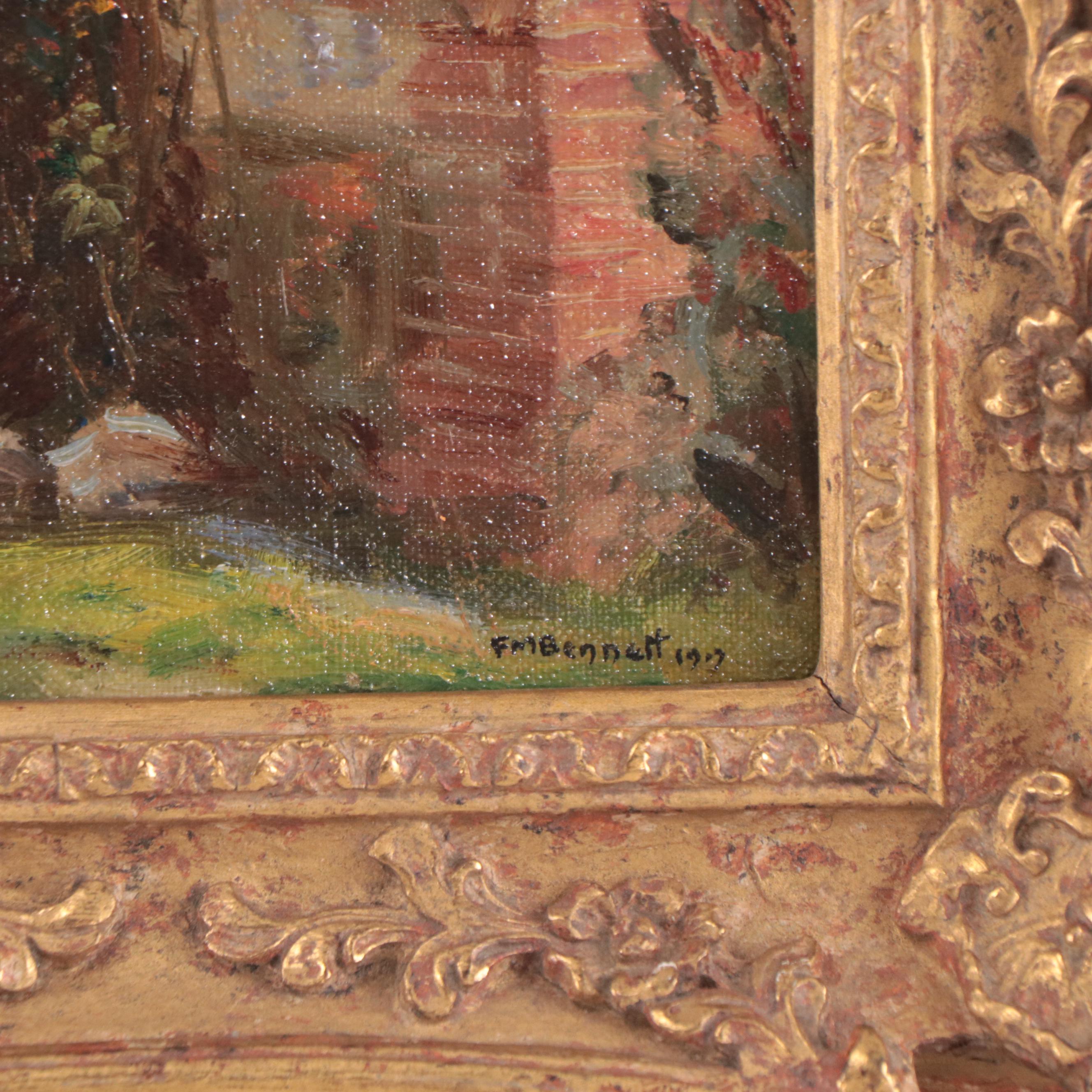 Frank Moss Bennett Oil Painting of Thatched Roof Farmhouse in Landscape ...