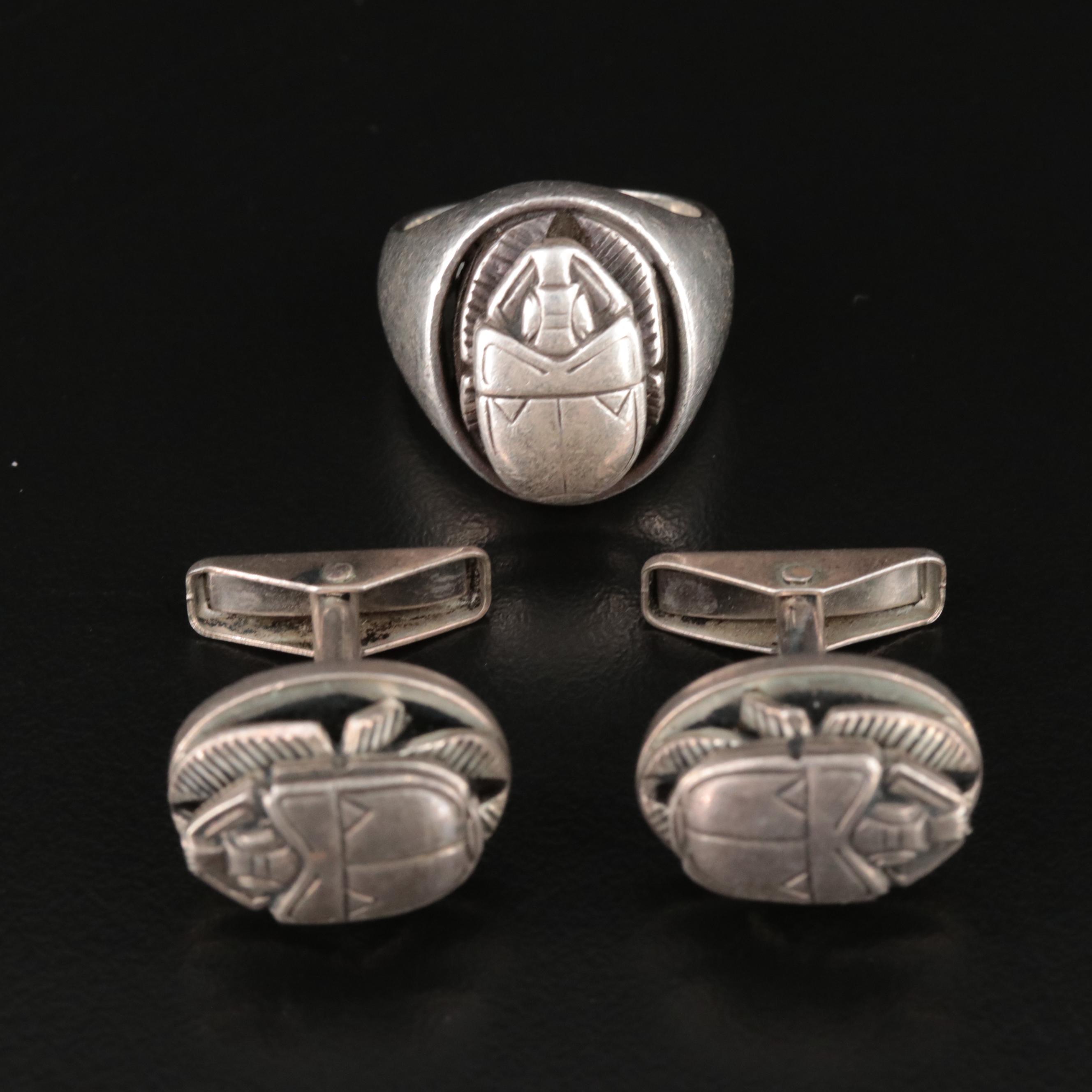 1940s Allan Adler Sterling Scarab Cufflinks and Ring | EBTH