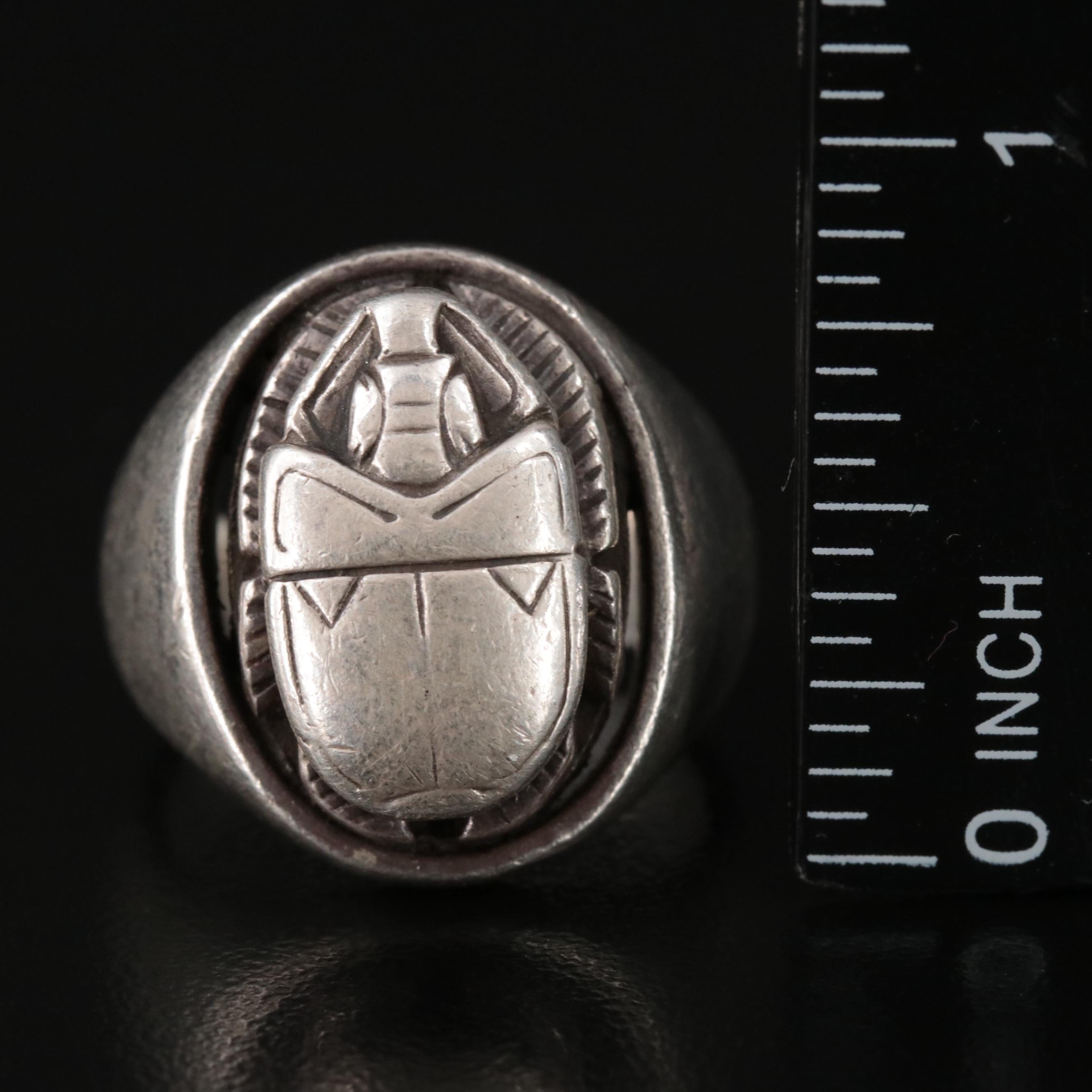 1940s Allan Adler Sterling Scarab Cufflinks and Ring | EBTH