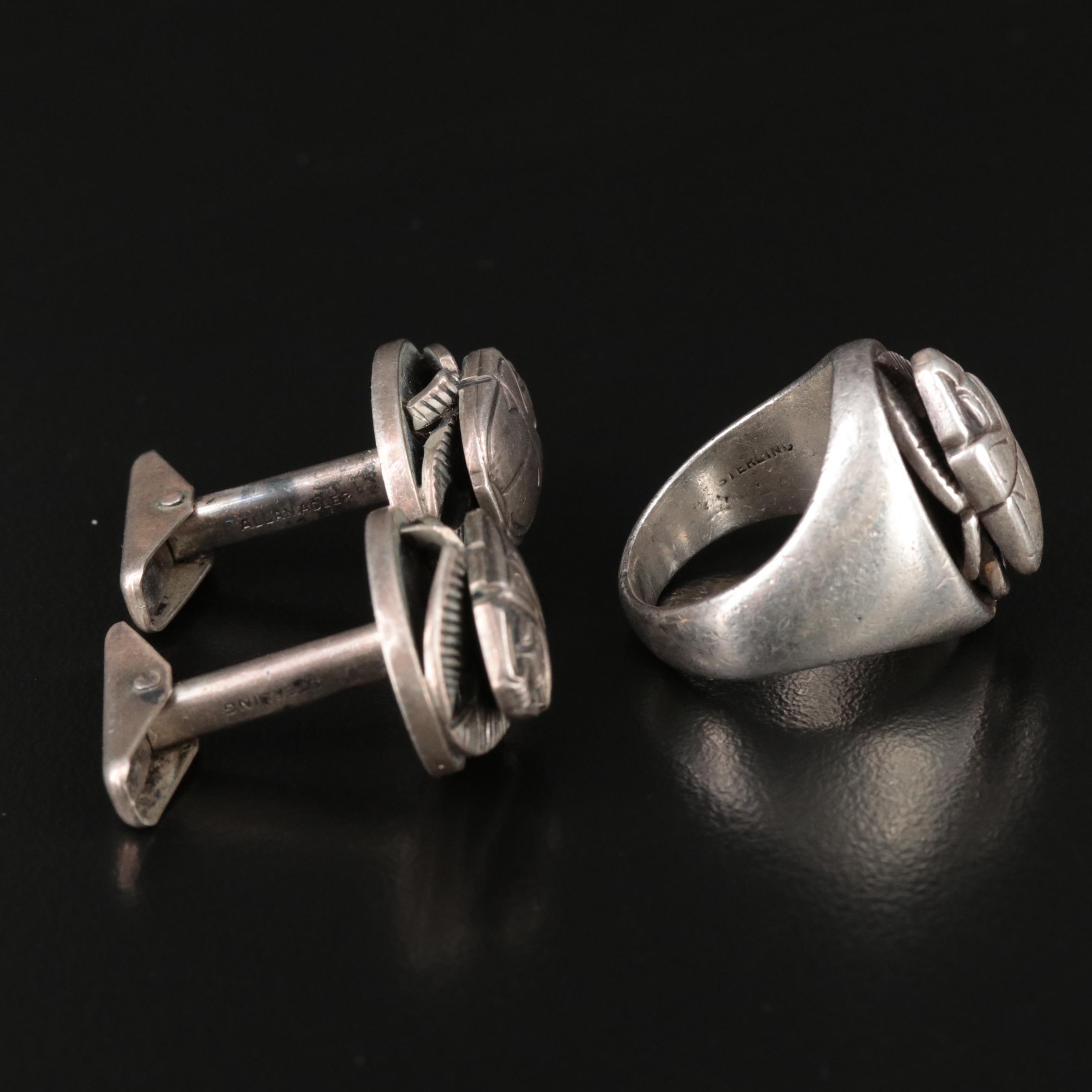 1940s Allan Adler Sterling Scarab Cufflinks and Ring | EBTH