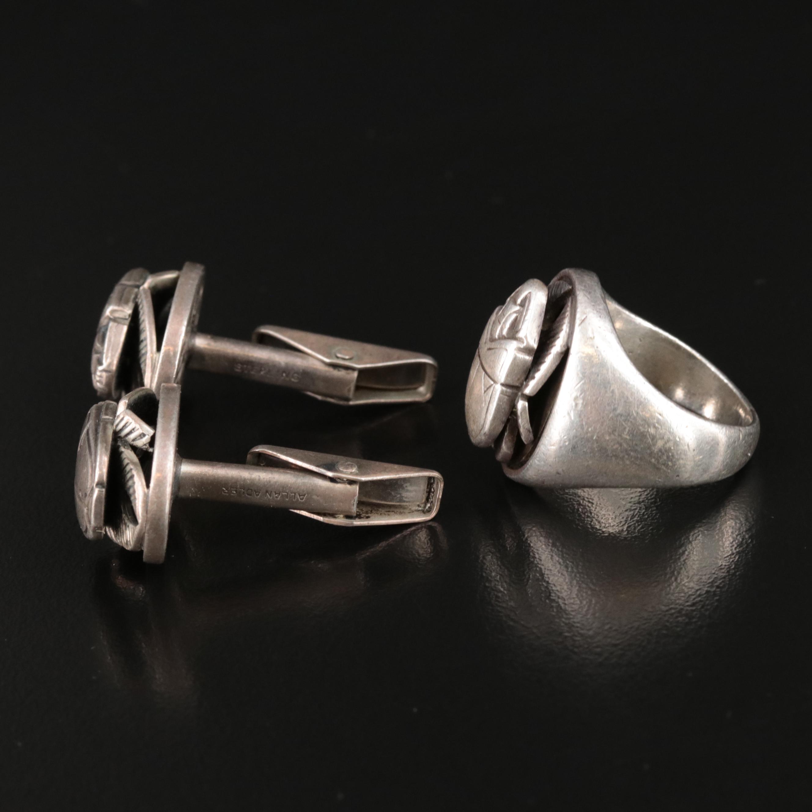 1940s Allan Adler Sterling Scarab Cufflinks and Ring | EBTH