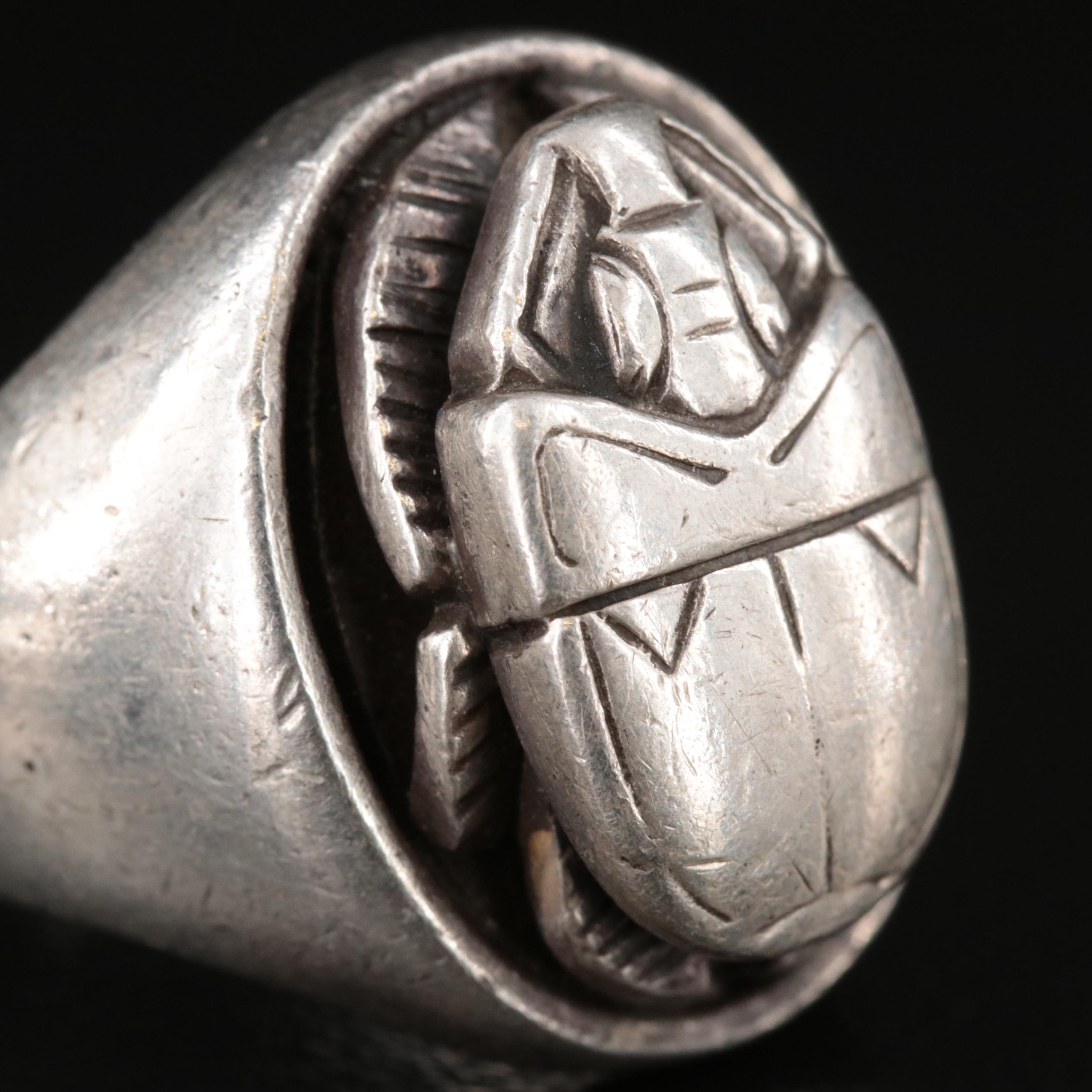 1940s Allan Adler Sterling Scarab Cufflinks and Ring | EBTH