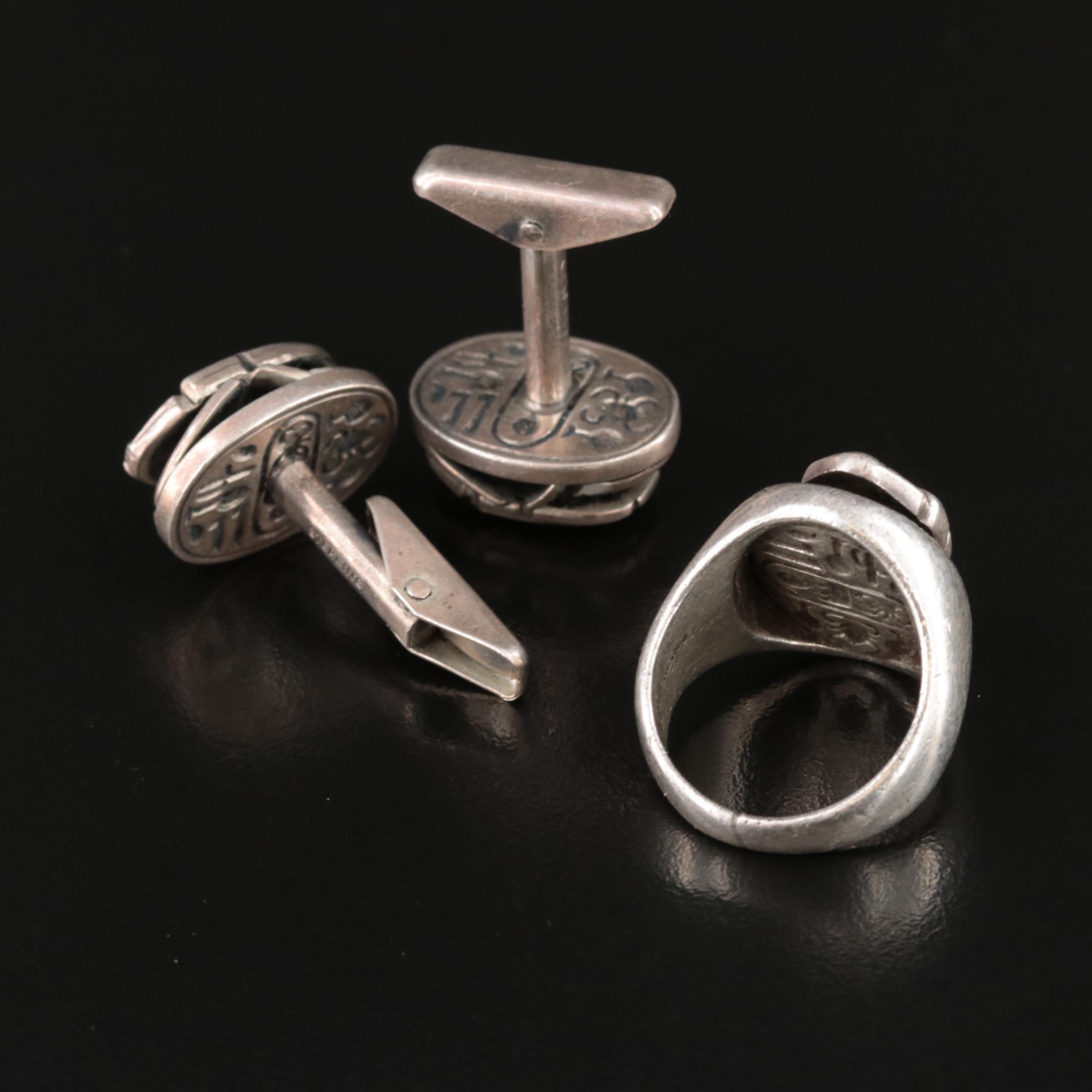 1940s Allan Adler Sterling Scarab Cufflinks and Ring | EBTH
