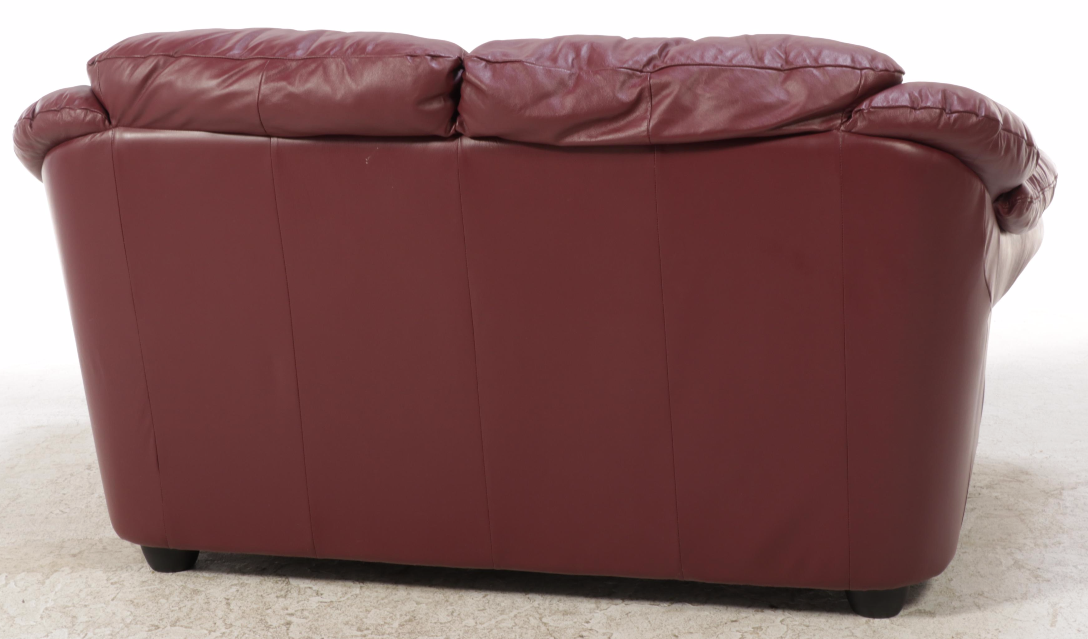 Italian Leather Overstuffed Loveseat with Ottoman | EBTH