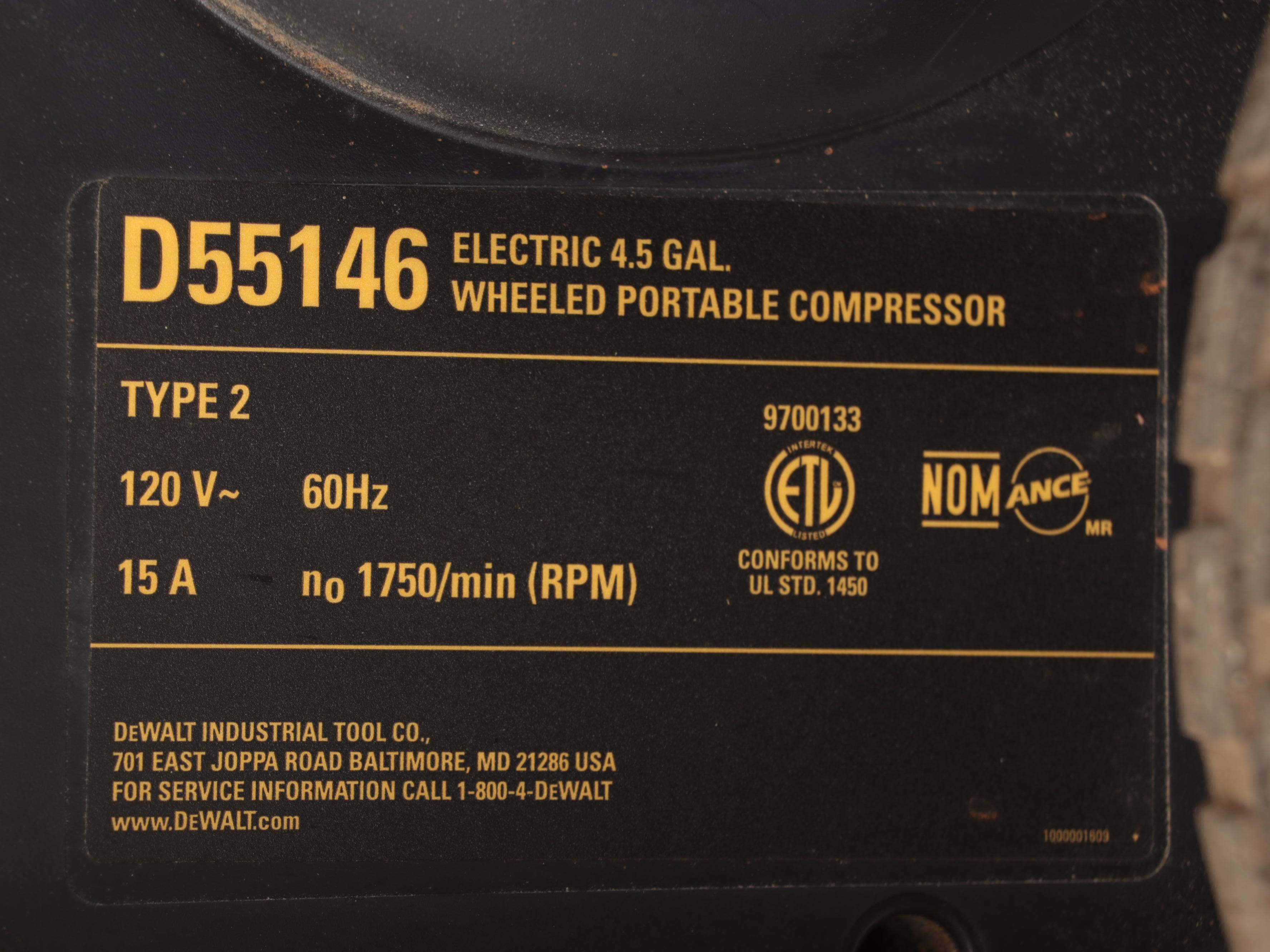 DeWalt D55146 Electric 4.5 Gallon Wheeled Portable Compressor | EBTH