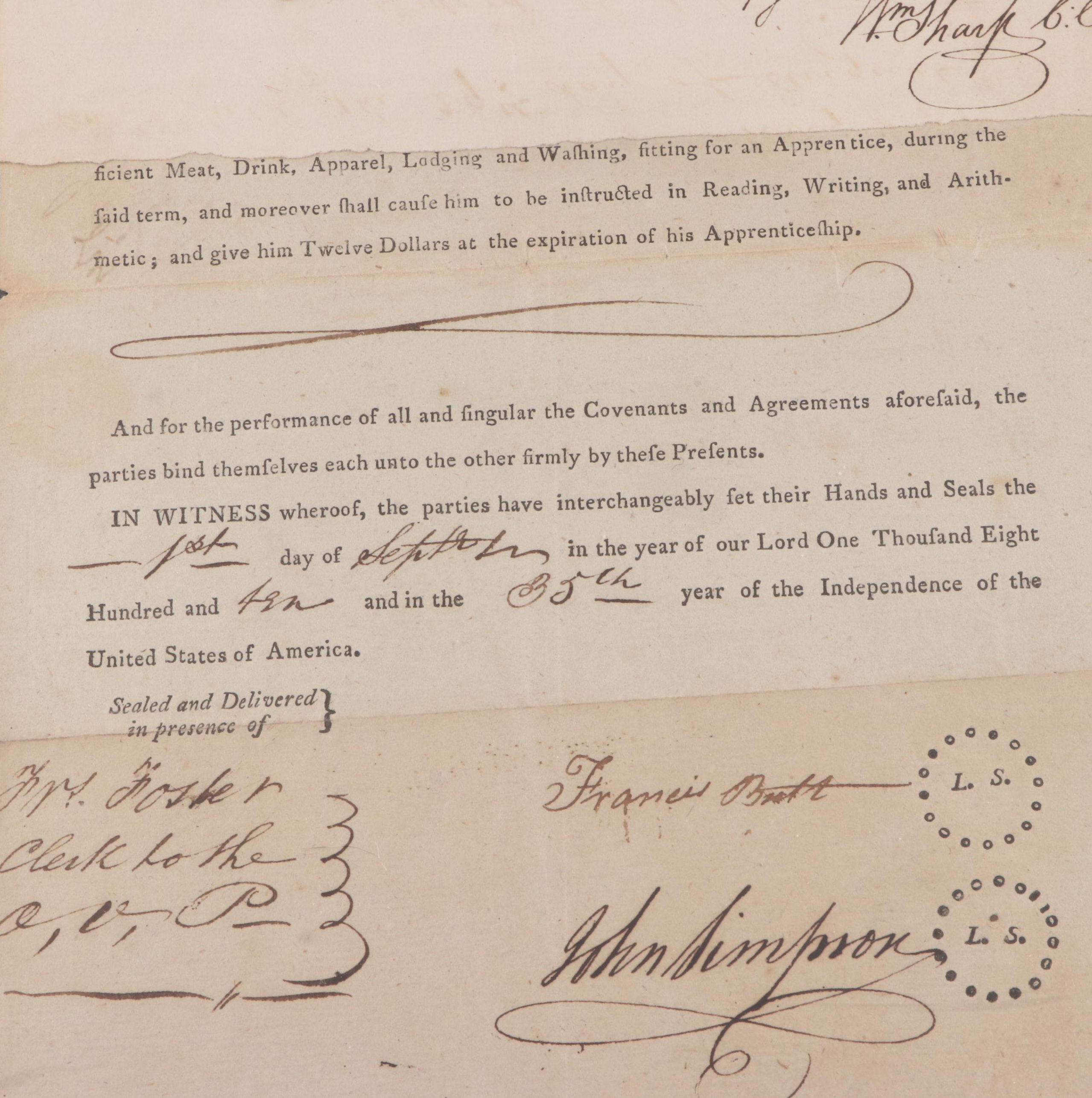 Indentured Servant Document of Ivey Murden with Letter, Early to Mid ...