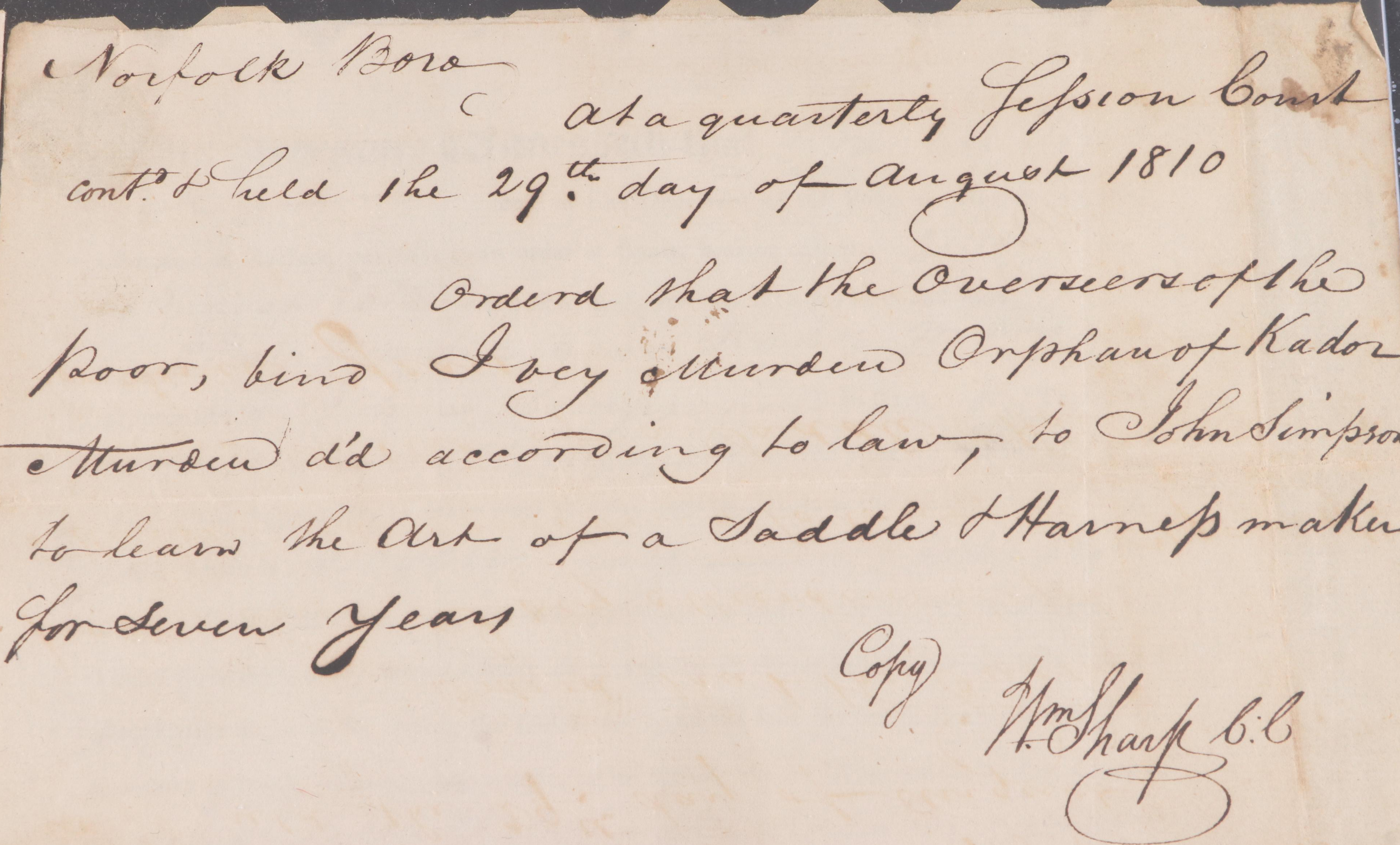 Indentured Servant Document of Ivey Murden with Letter, Early to Mid ...