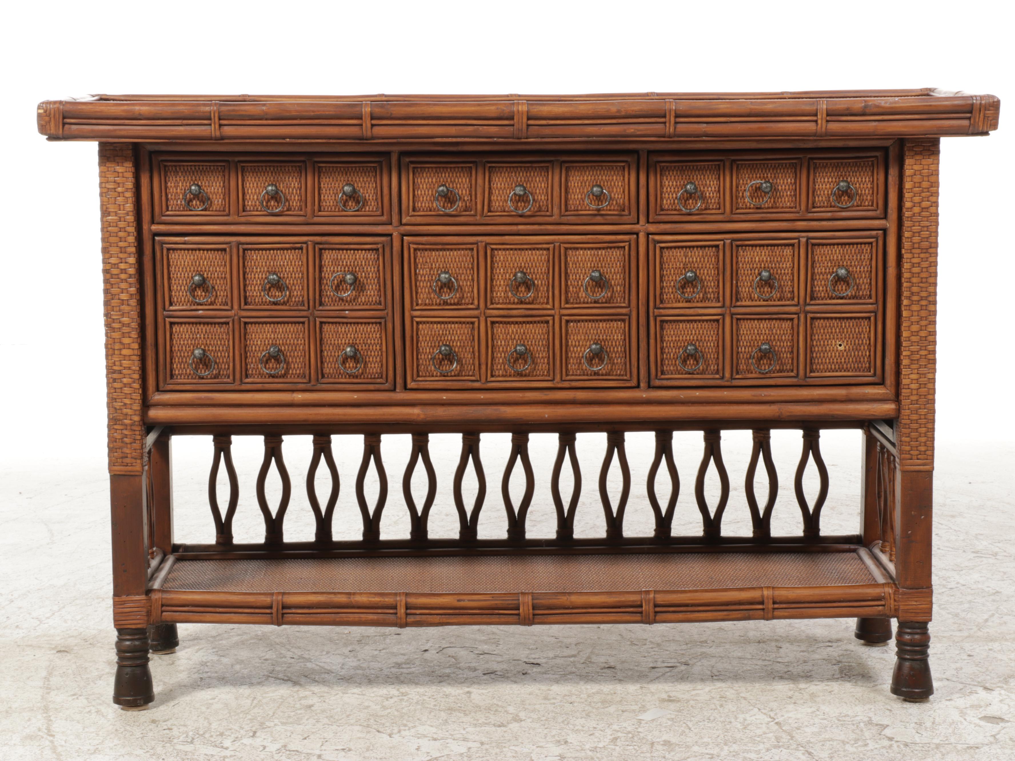Palecek Rattan, Wicker, and Hardwood Six-Drawer Console Table | EBTH