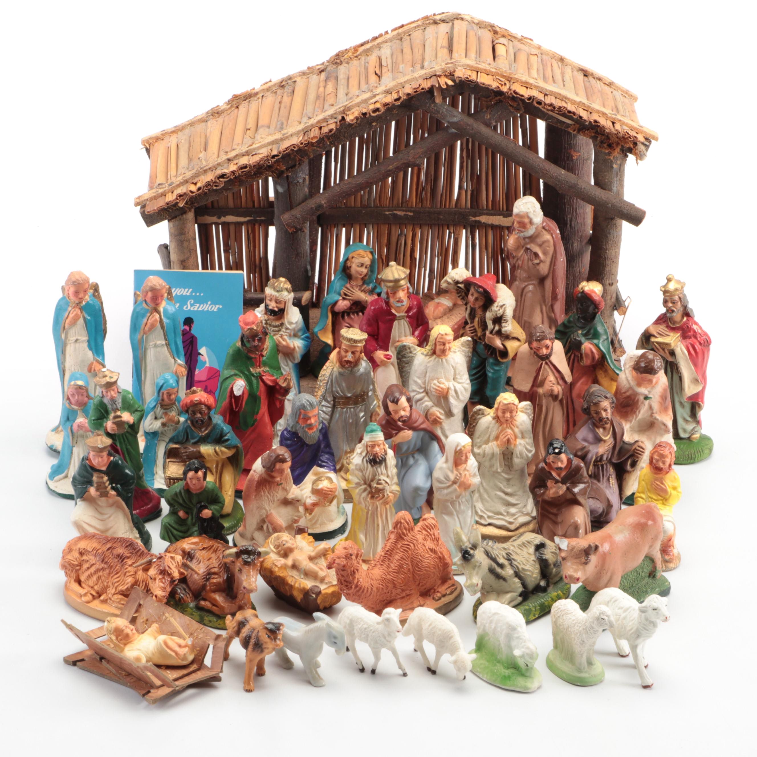 Italian Wood Creche with Plaster Figure Collection | EBTH