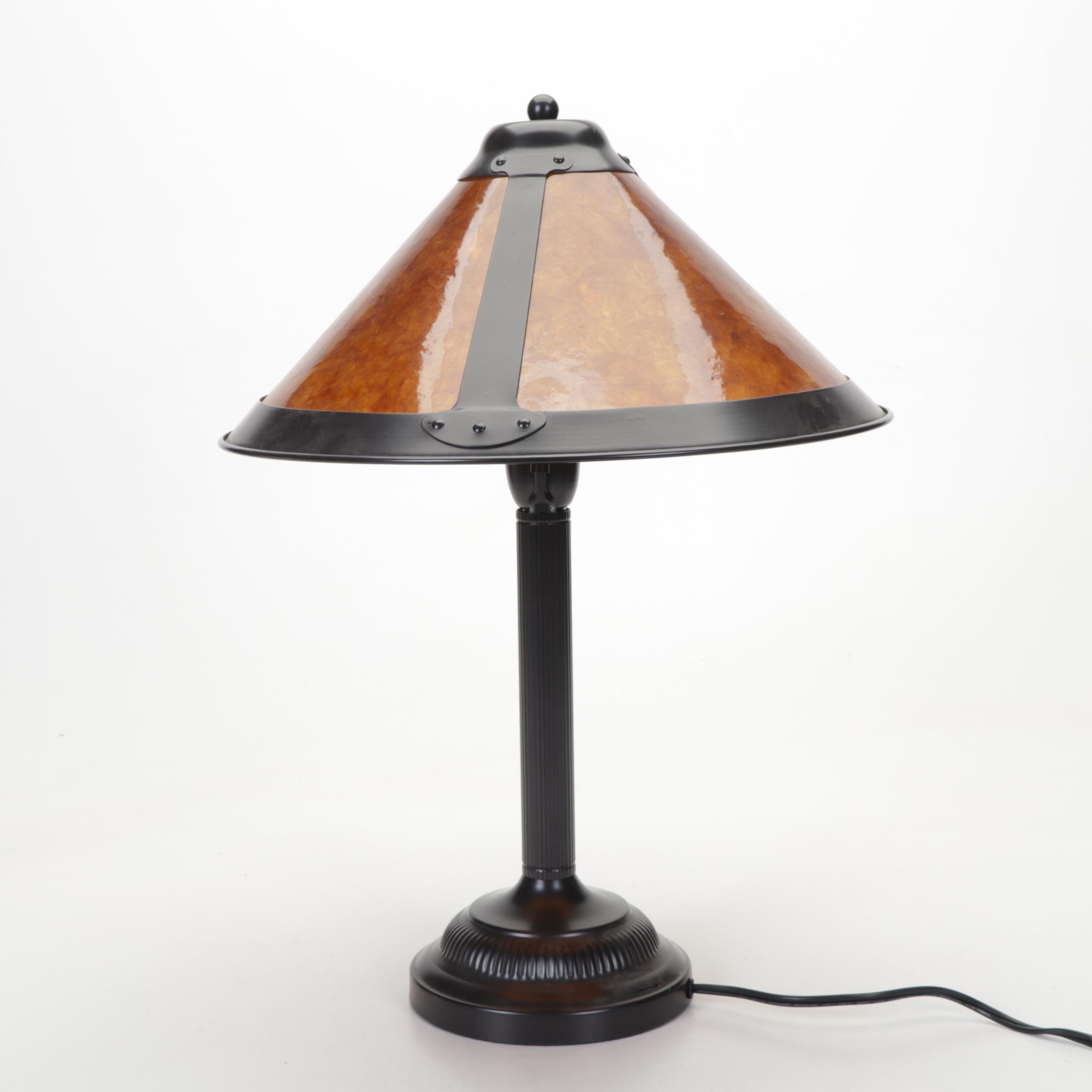 Ribbed Metal Table Lamp with Mica Shade and Pair of Brass Candle ...