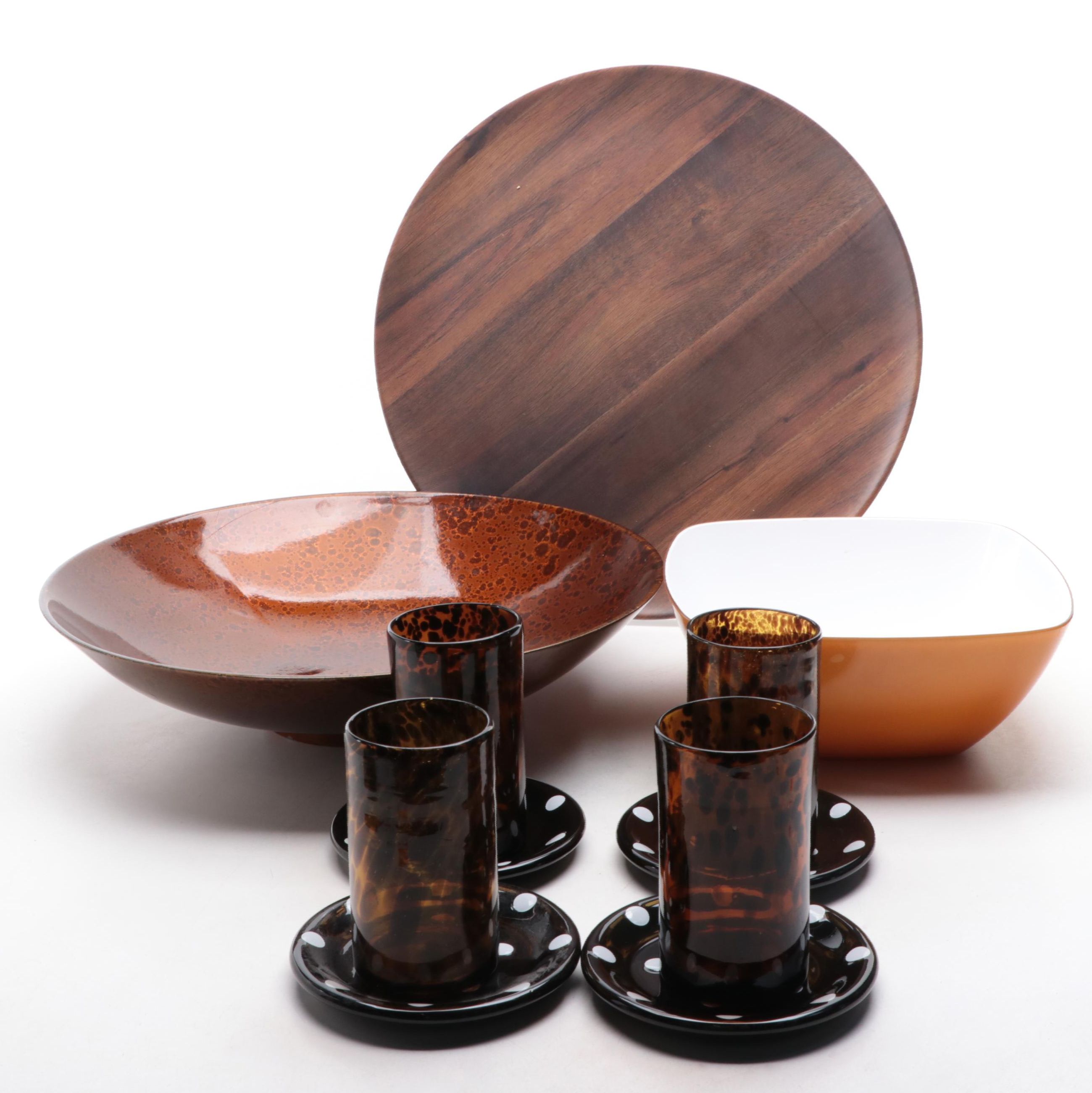 Tortoiseshell Design Glass Tumblers, Earthenware Polka Dot Plates, and ...