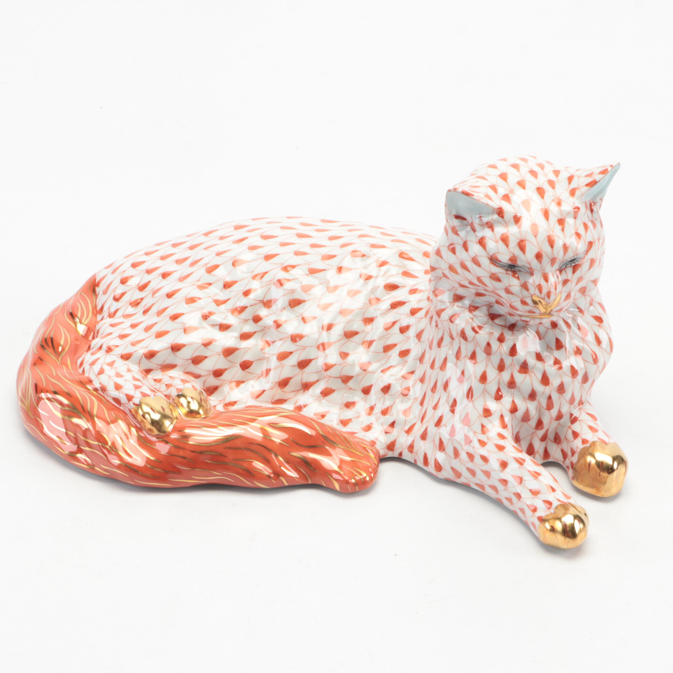 Herend Rust Fishnet with Gold "Lying Cat" Porcelain Figurine, 1997 | EBTH