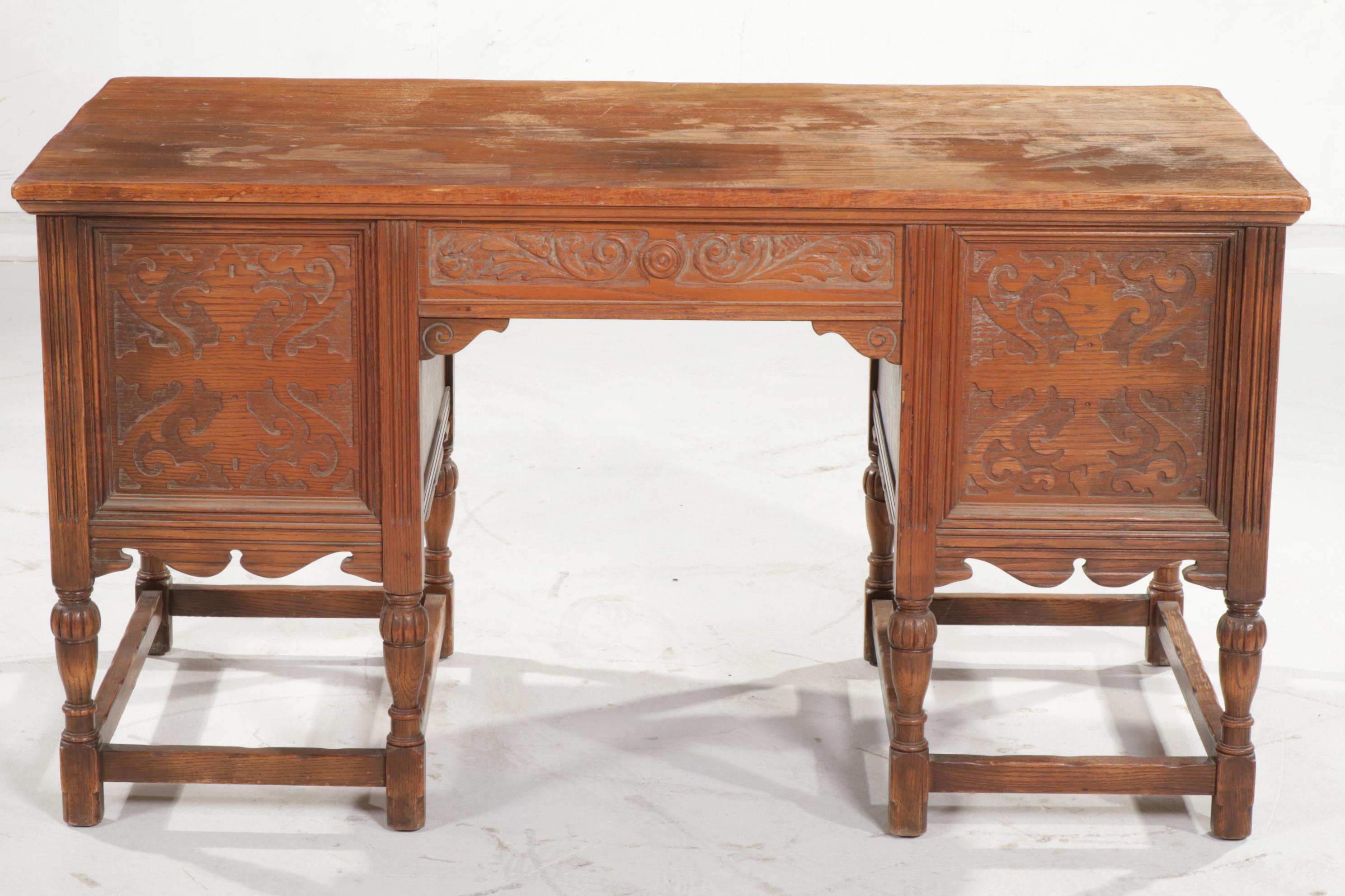 Jacobean Revival Oak Pedestal Desk, 1930s | EBTH