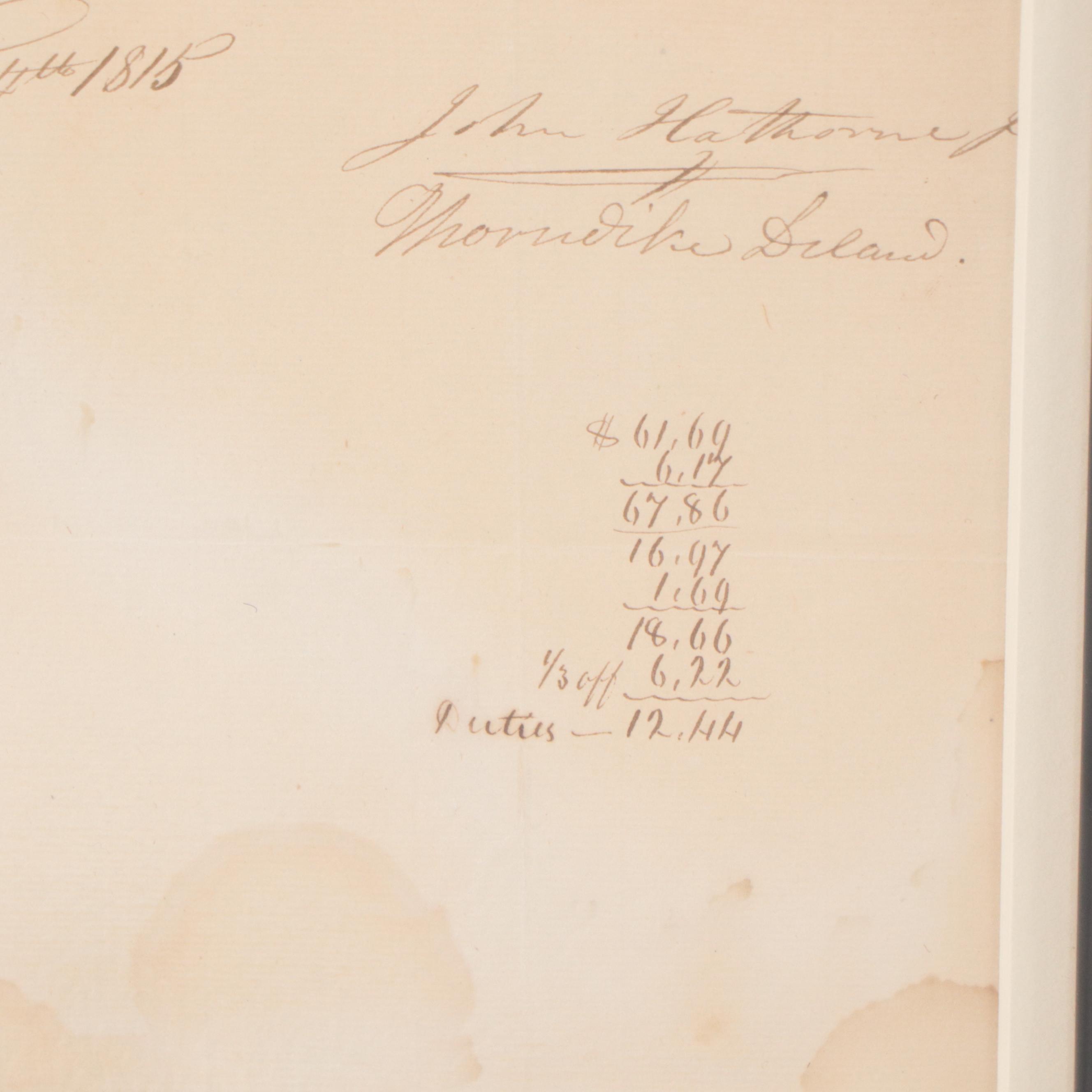Hand-Calligraphed Receipt for John Hawthorne, 1815 | EBTH