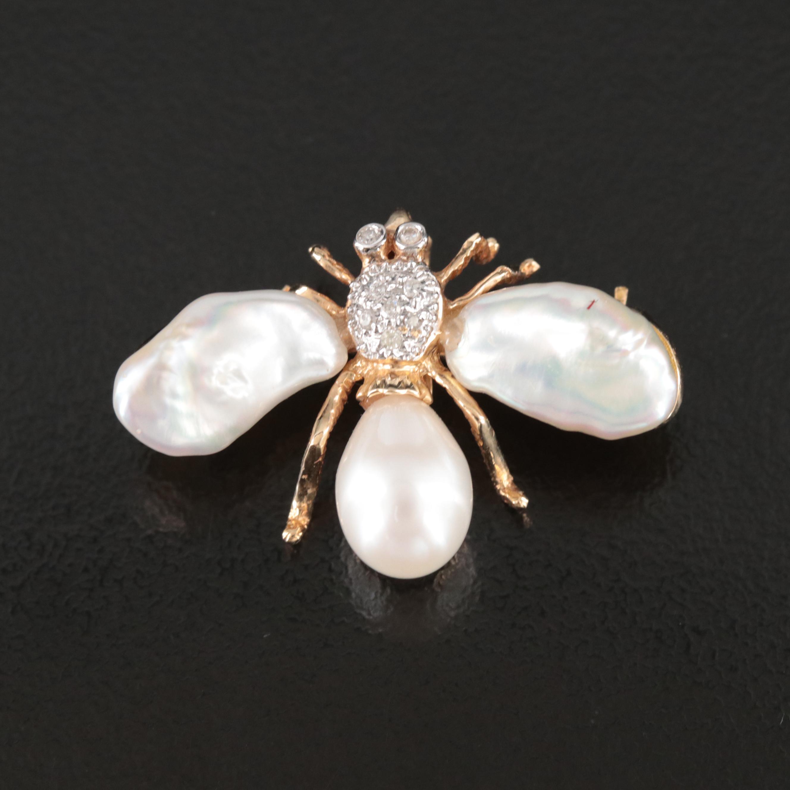 14K Pearl and Diamond Bug Converter Pendant | EBTH