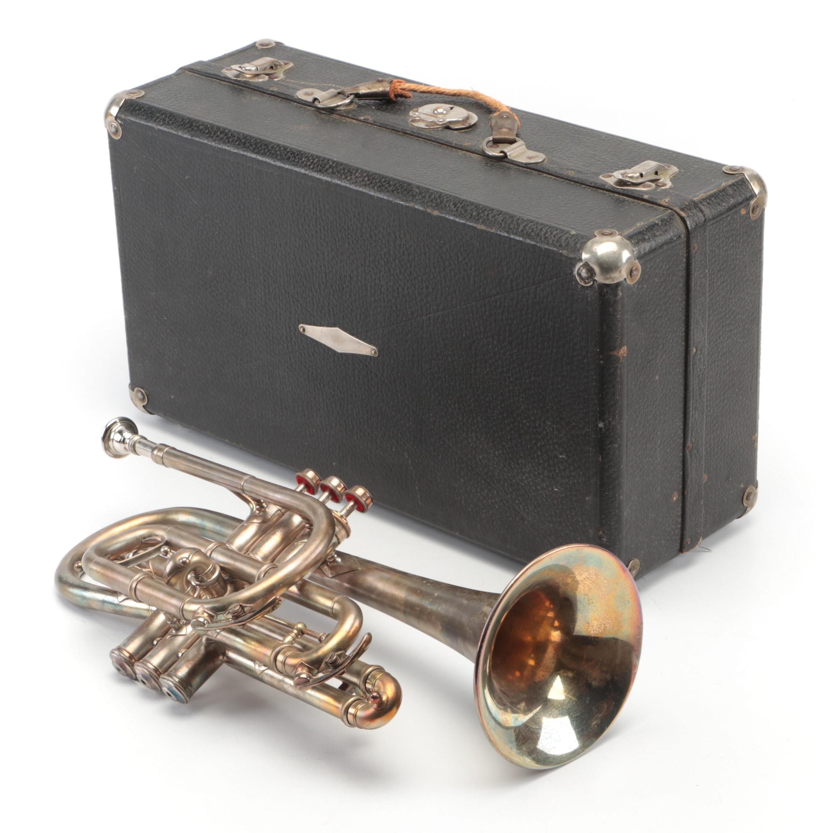 JW York Professional A/Bb Cornet with Case, Early 20th Century | EBTH