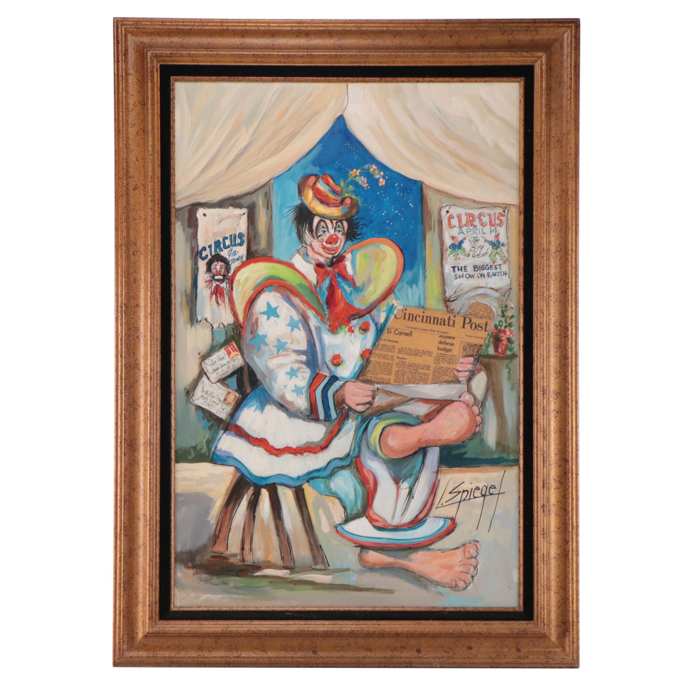 Louis Spiegel Clown Portrait Oil Painting, 1975 | EBTH