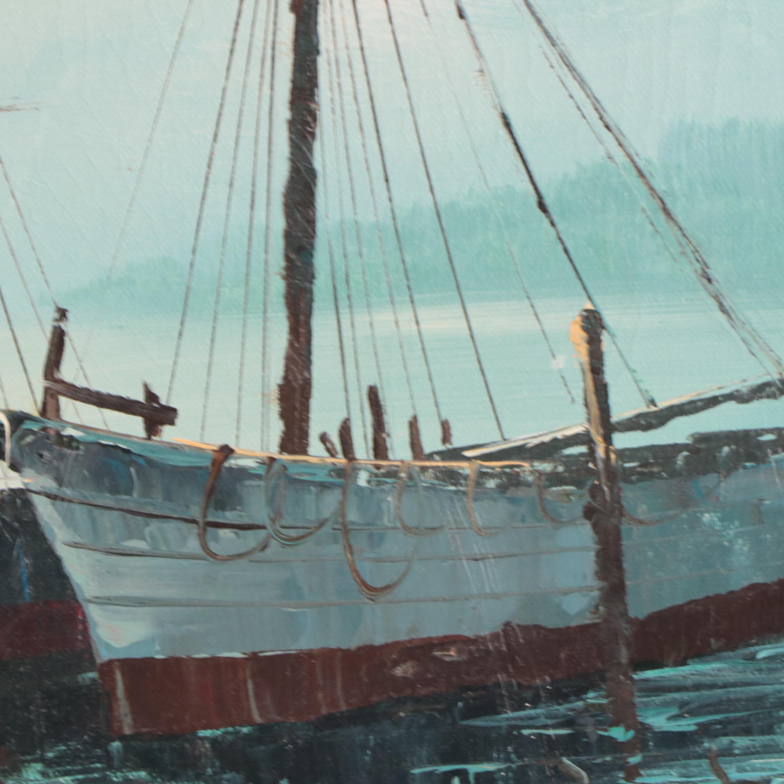 Mary Botto Wharf Scene Oil Painting, Mid-20th Century | EBTH