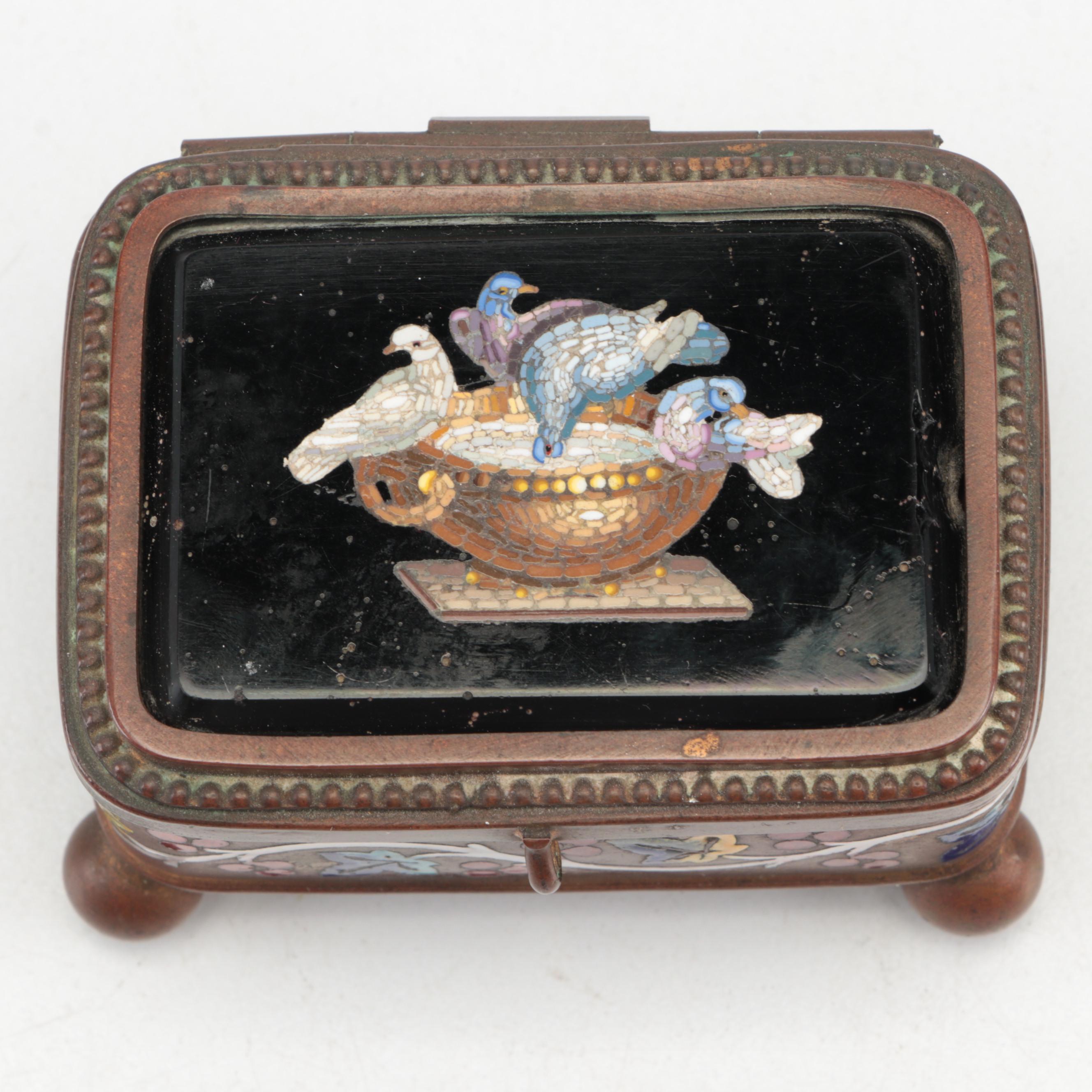 Cesare Roccheggiani Italian Micro Mosaic Bronze and Enamel Box "Pliny's ...