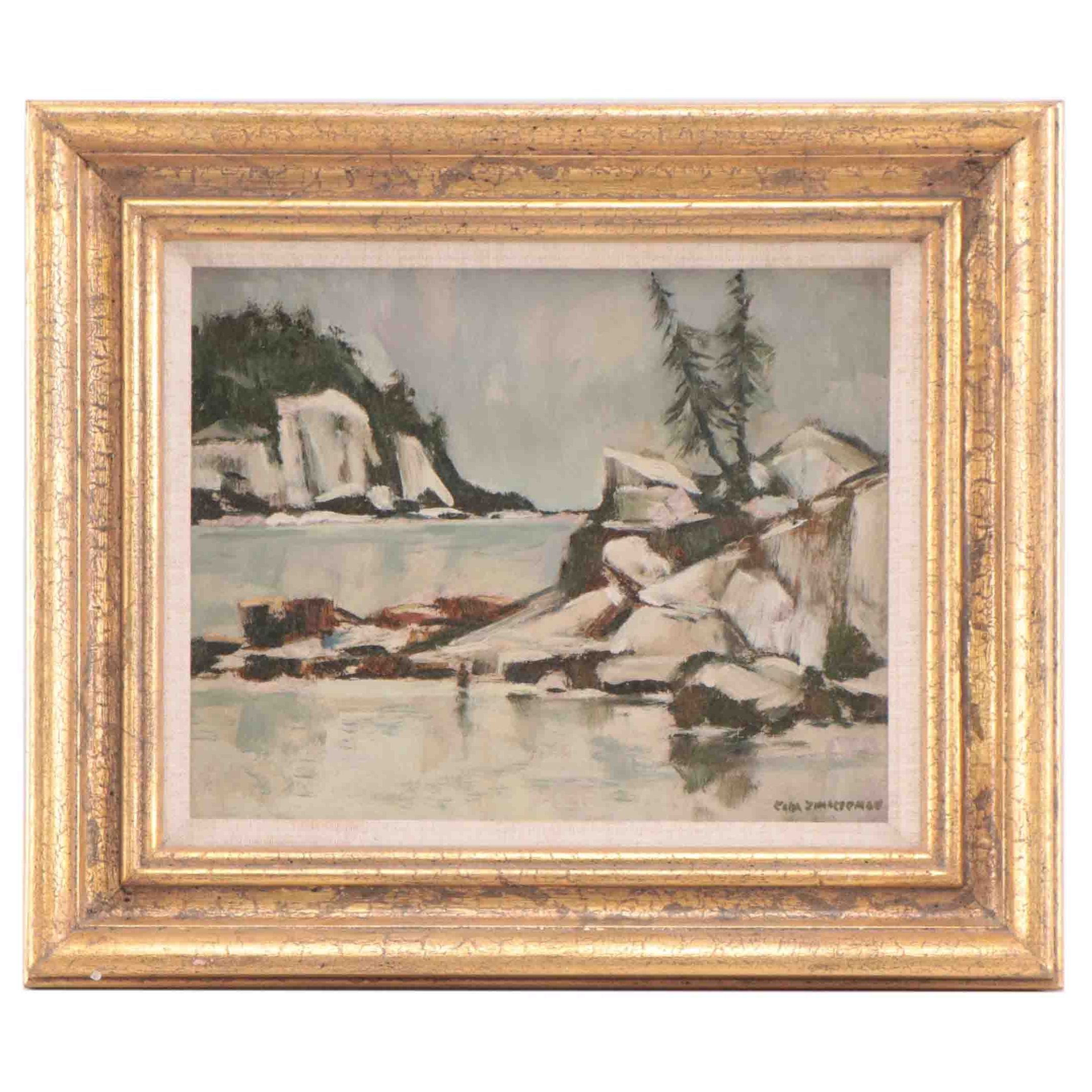 Carl Zimmerman Landscape Oil Painting Of Rocky Coastline Mid 20th
