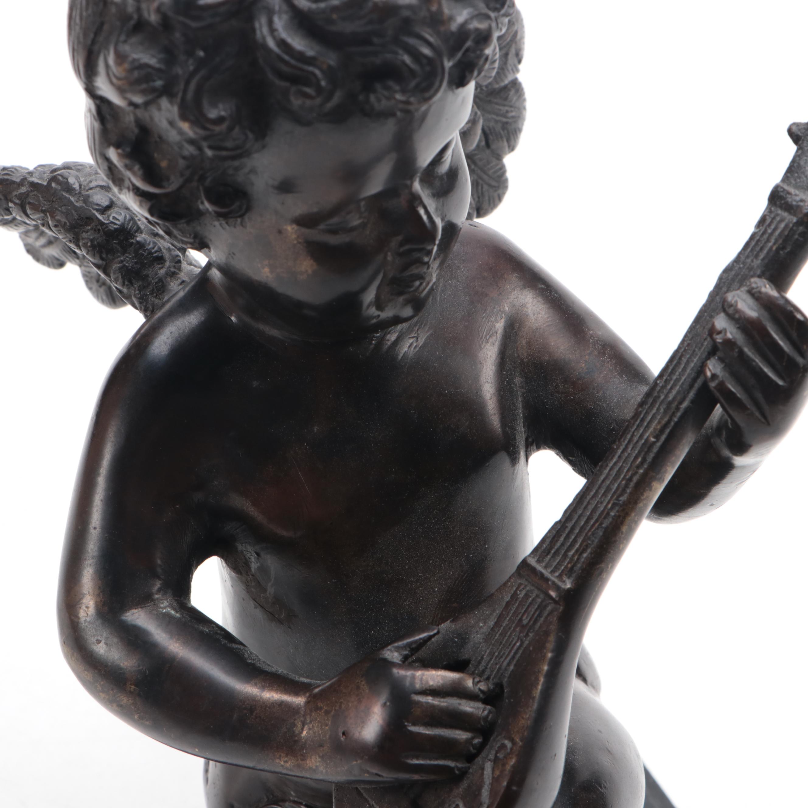 Baroque Style Metal Putti Playing Lute Statuette on Wood Stand, 20th ...