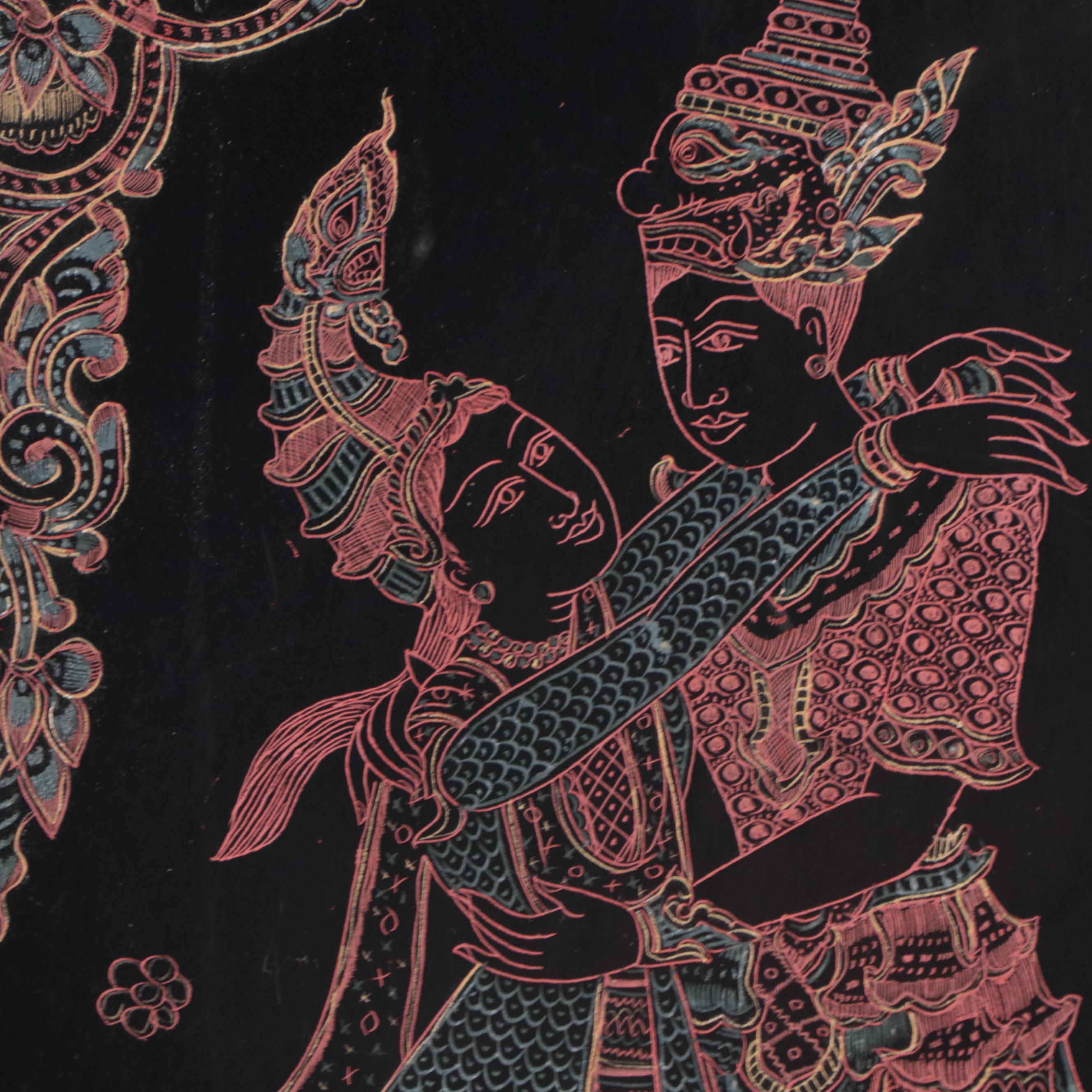 Sri Lankan Batik Dyed Textile and Scratch Board Panel in Frames | EBTH