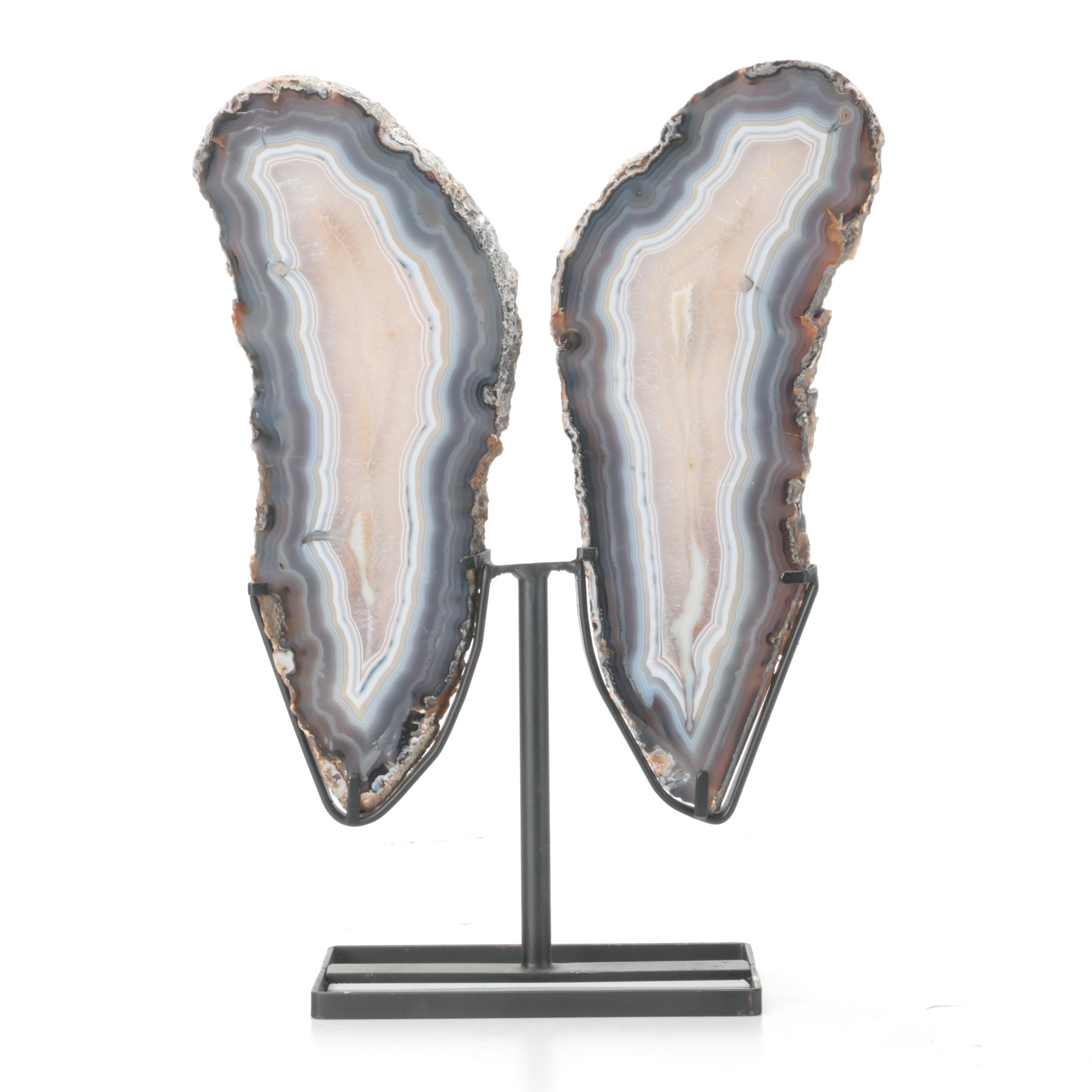 Pair of Banded Agate and Calcite Polished Bookmatched Geode Slabs on ...